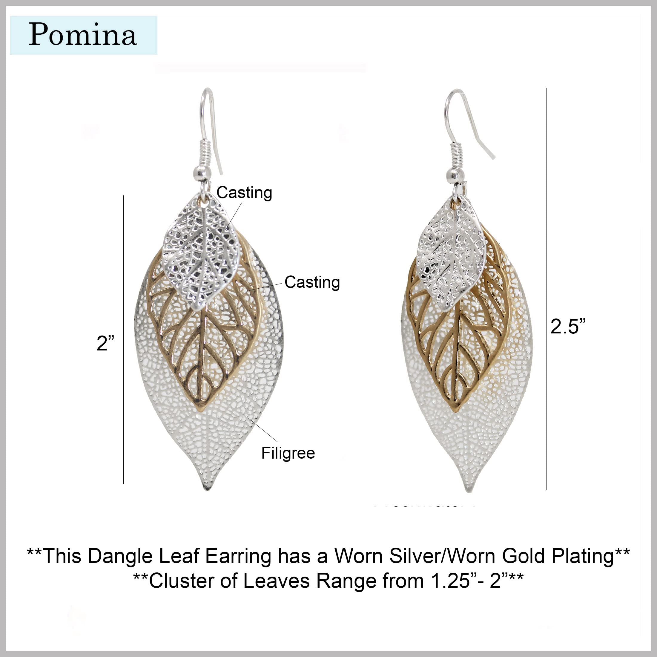 Pomina Choco Gold Fashion Fall Leaf Boho Earrings Gold Silver Two Tone Filigree Leaf Dangle Drop Earrings for Women (ChocoGold_Earrings)