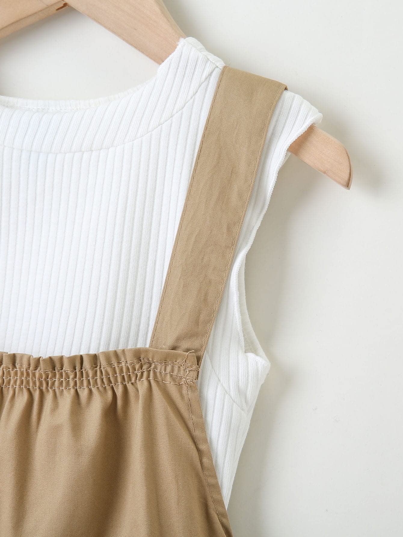 OYOANGLE Girl's Summer Casual 2 Pieces Pants Set Ribbed Tank Top and Overall Jumpsuit Set Khaki and White 150