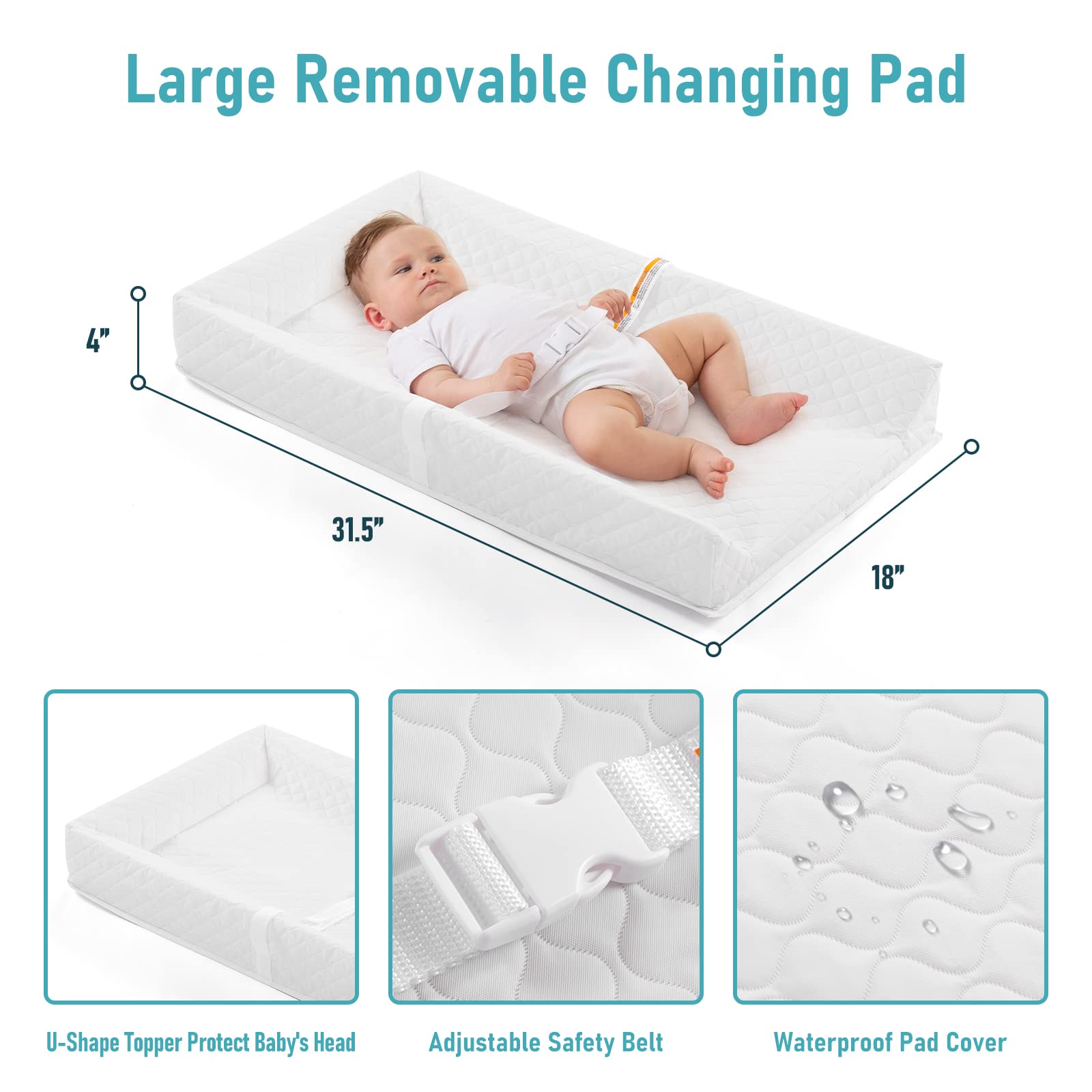 White Portable Changing Table, Baby Changing Station Foldable Baby Changing Table Dresser with Storage, Adjustable Height Waterproof Folding Mobile Diaper Station Pad with Wheels for Infant Nursery