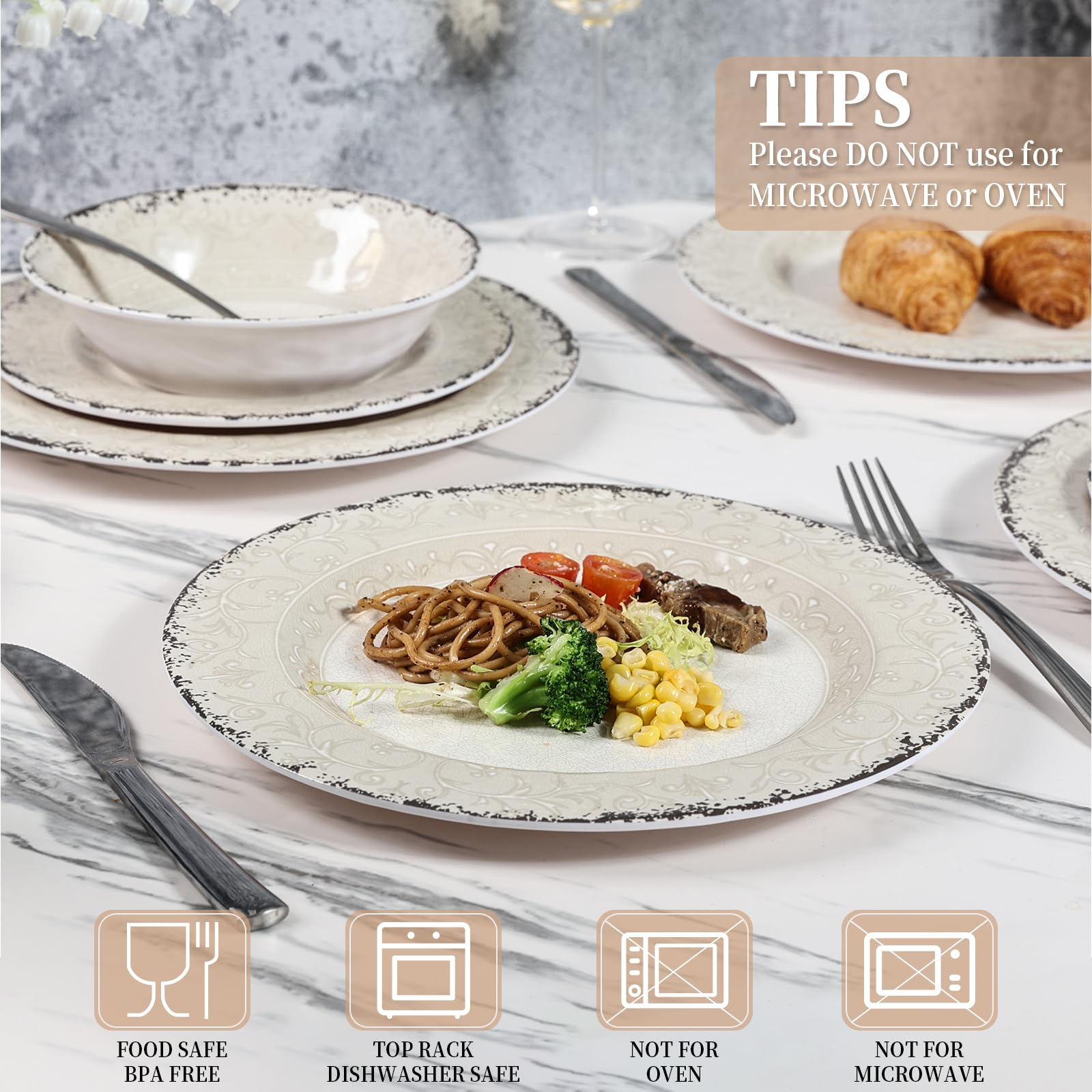 Melamine Dinnerware Sets for 4-12pcs Dinnerware Dishes Set,Plate and Bowl Set, Indoor and Outdoor Use, Dishwasher safe, Unbreakable, Light Grey