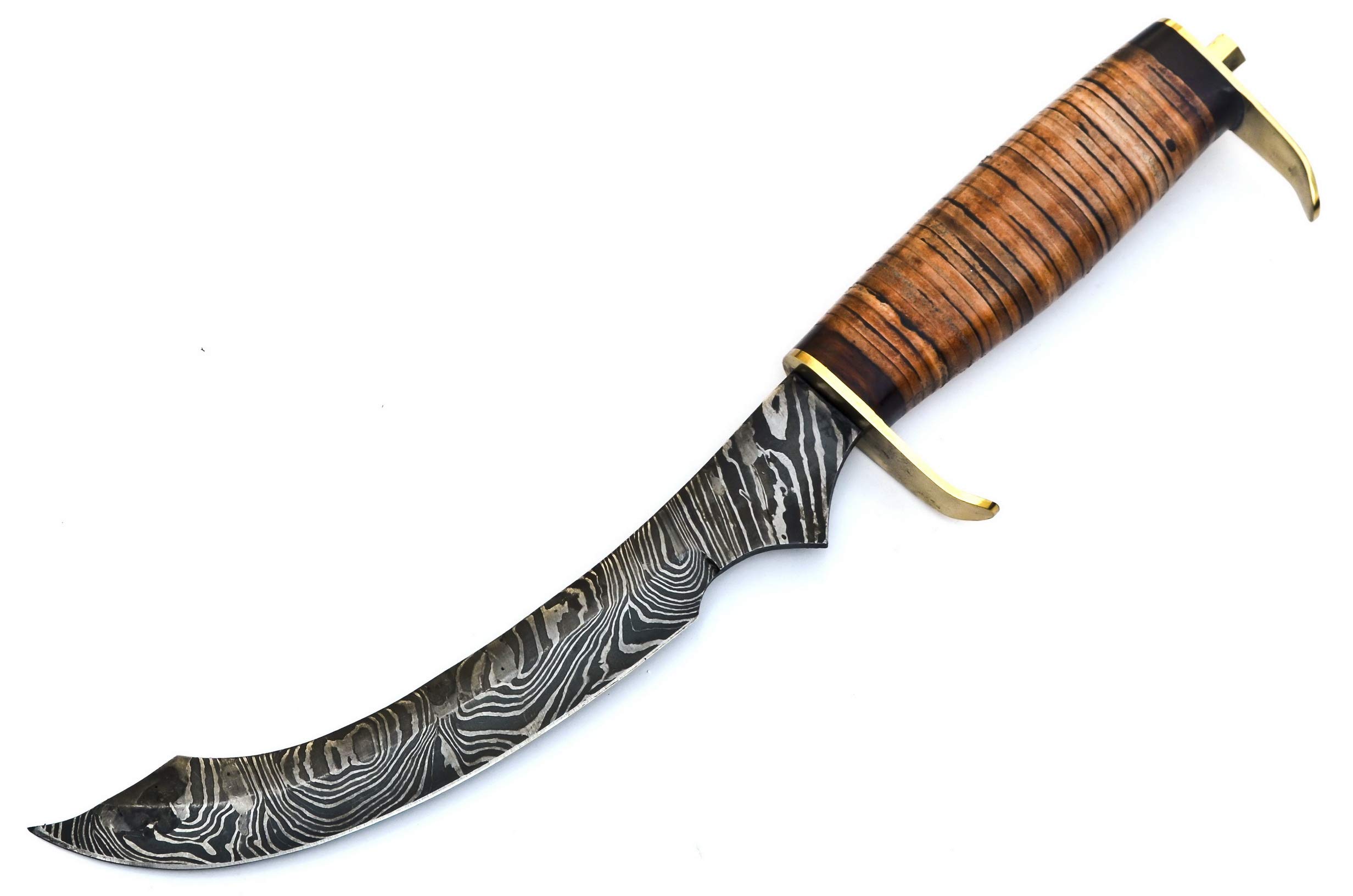 Skokie Knives Custom Hand Made Damascus Steel Hunting Knife Handle Stacked Leather With Double Brass Double Clip
