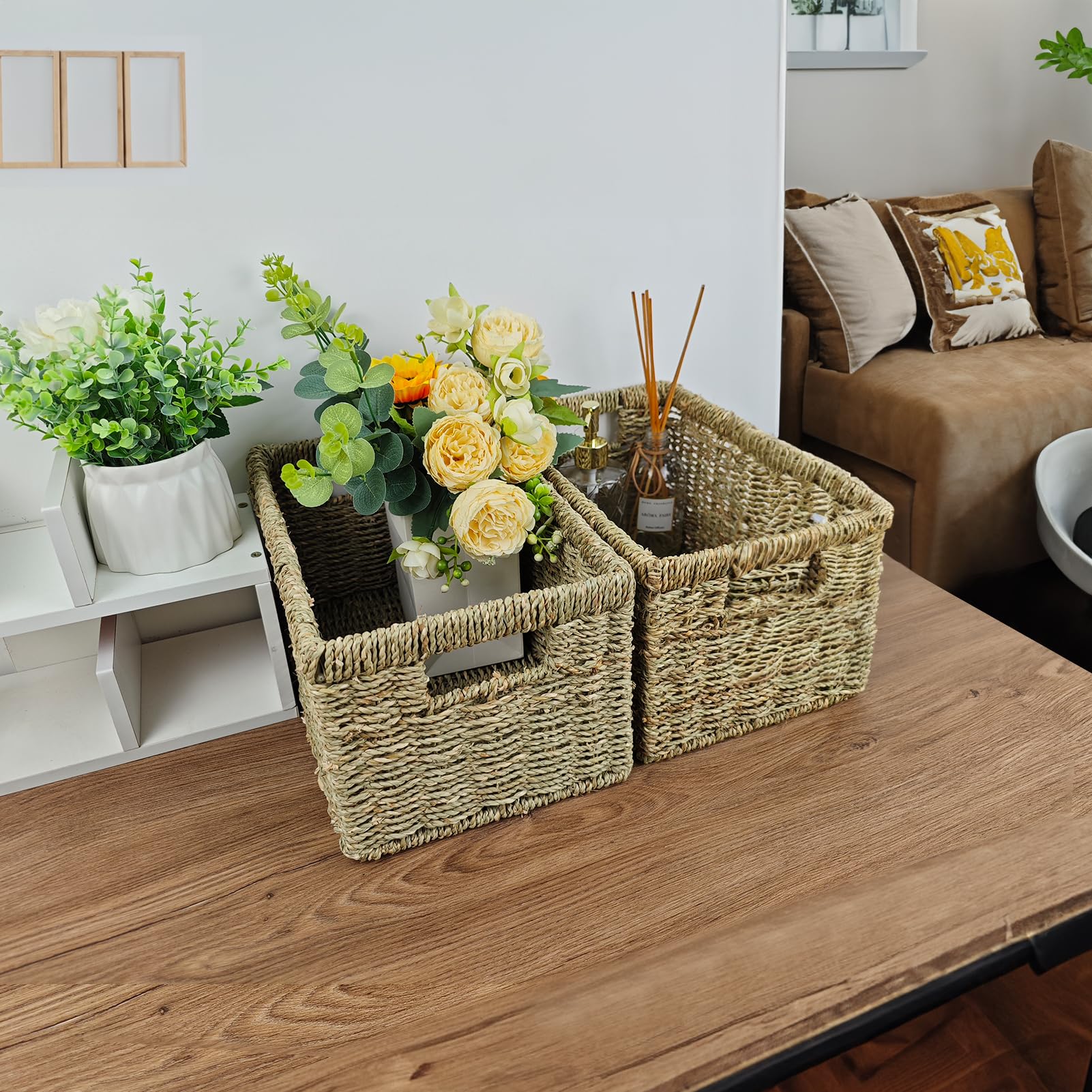 Storage Basket, Seagrass Storage Baskets, Home Hand-Woven with Built-In Handle, Rectangular Seagrass Basket 13.25x8.3x7 Inches（2PCS)