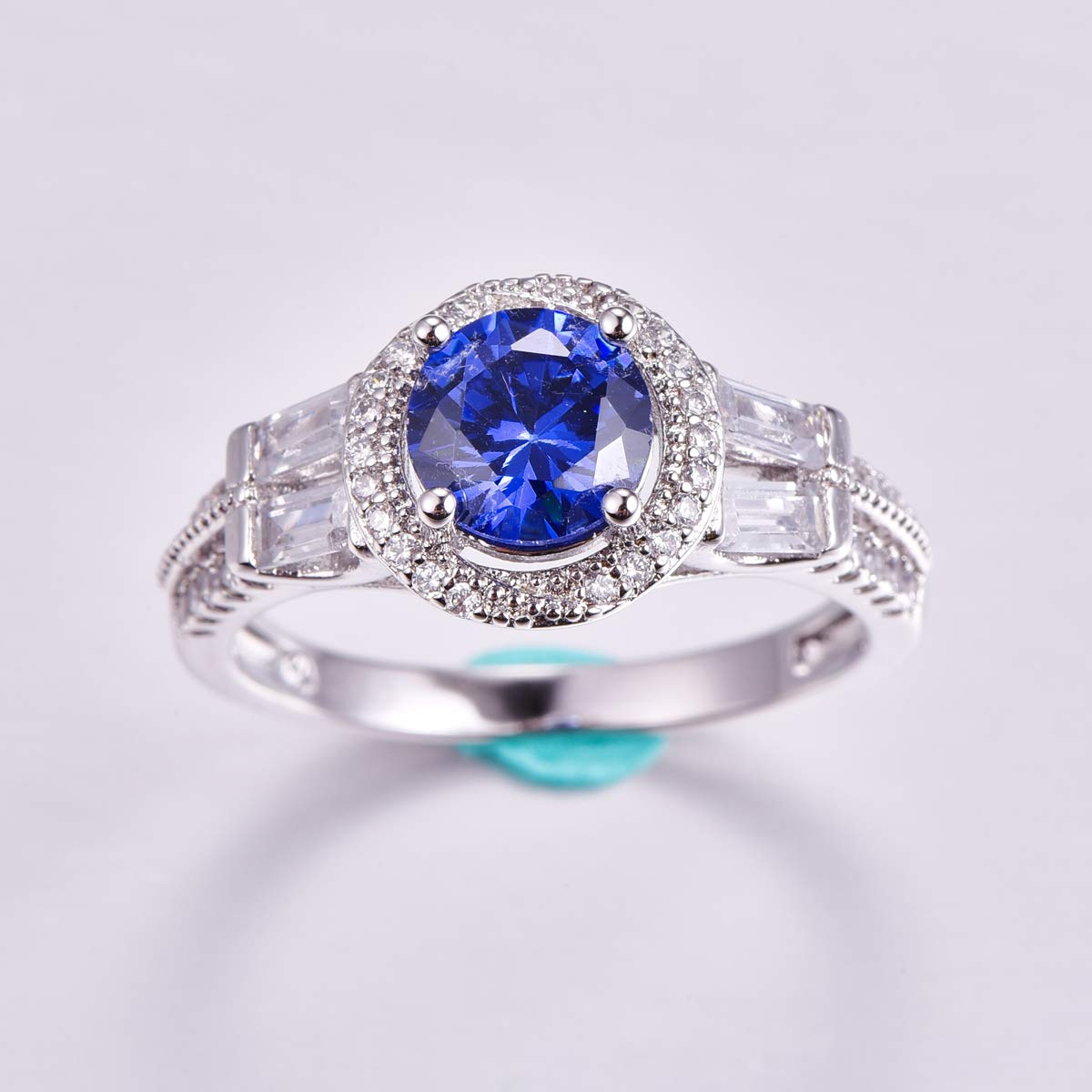 Pakula 925 Sterling Silver Ring Split Shank Band 7x7mm Round Simulated Tanzanite CZ Halo Ring for Women Size 8