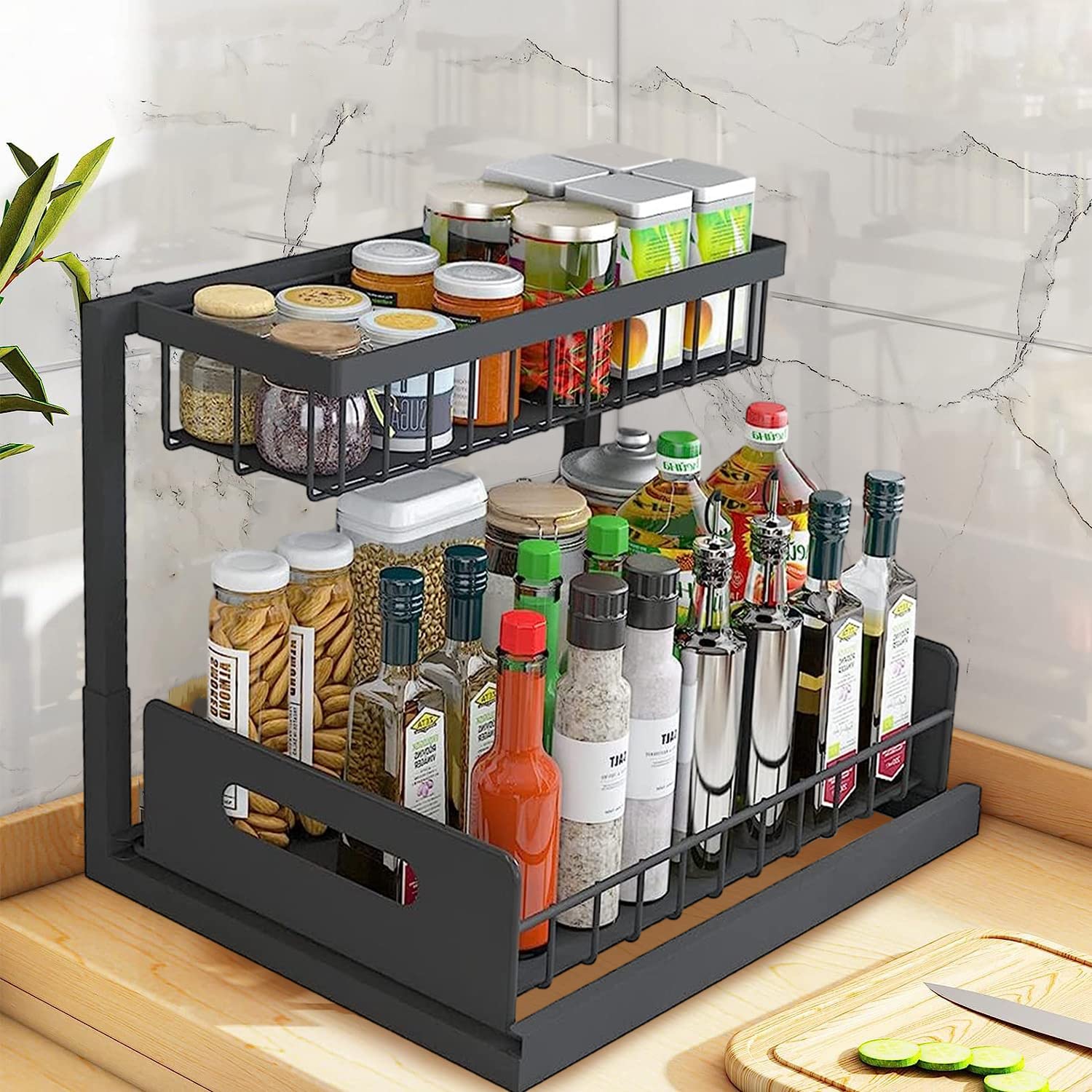 Meegoo Under Sink Organizer, 2 Tier Pull Out Cabinet Organizer, Heavy Duty Metal Shelf Cabinet Storage Shelves for Kitchen Bathroom Organization Multi-Use (Black)