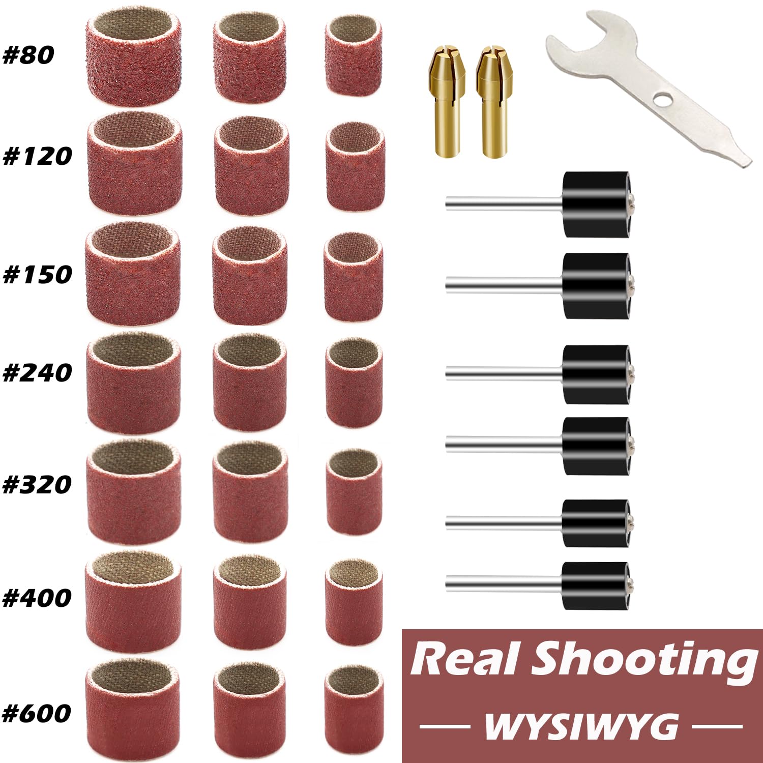 Sunxeke 531 Pcs Sanding Drum Set, Drum Sander Sleeves 80/120/240/320/400/600 Grit Each of 24 Pcs, 24Pcs Drum Mandrels diameters, 2Pcs Self-Tightening Drill Chuck, Wrench 1Pc, Dremel Rotary Tool