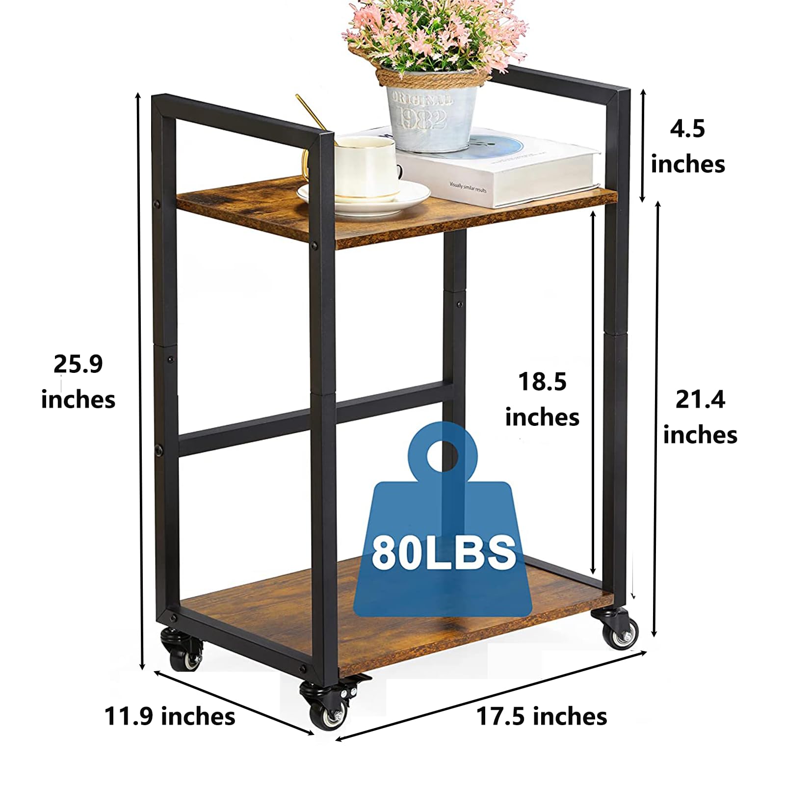 SEHERTIWY 2 Tier Computer Tower Stand, Brown CPU Holder Stand Cart with Rolling Caster Wheels, Mobile PC Tower Stand for Office Home Studio
