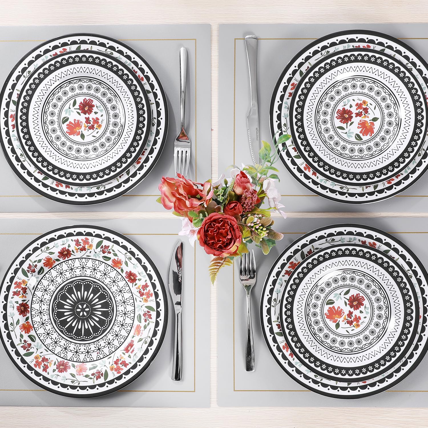 Melamine Dishes Dinnerware Sets - 12pcs Melamine Dinner Plates, Salad Plates and Bowls, for Everyday Use (Imitation Blue)