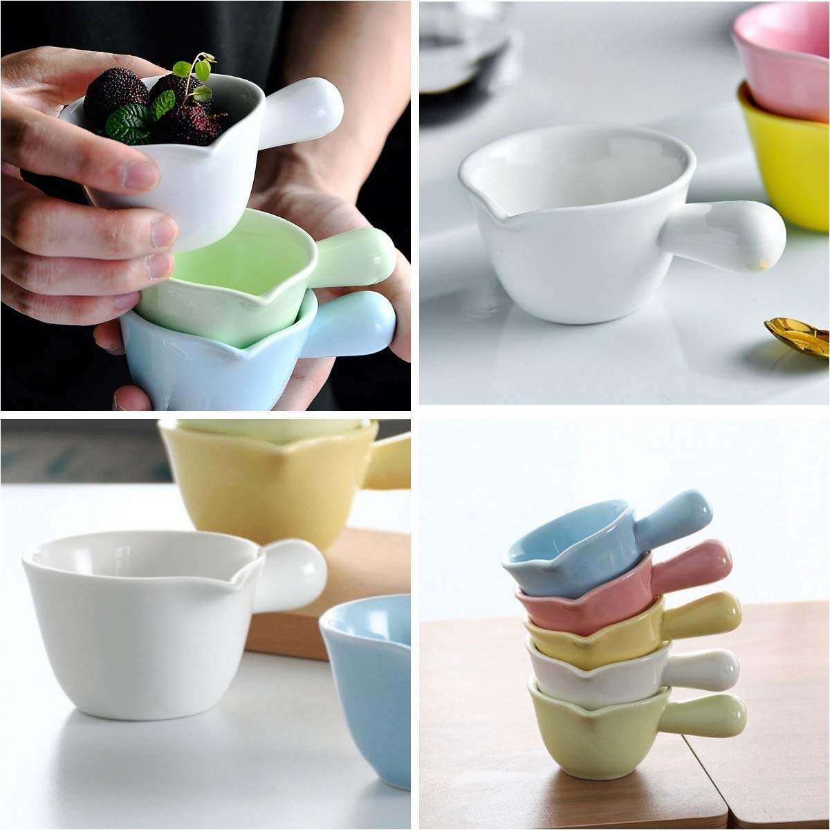 Small White Serving Bowls for Dips Set of 5 Sauce Bowls 2 OZ with Handle Ceramic Creamer Jug Mini - White