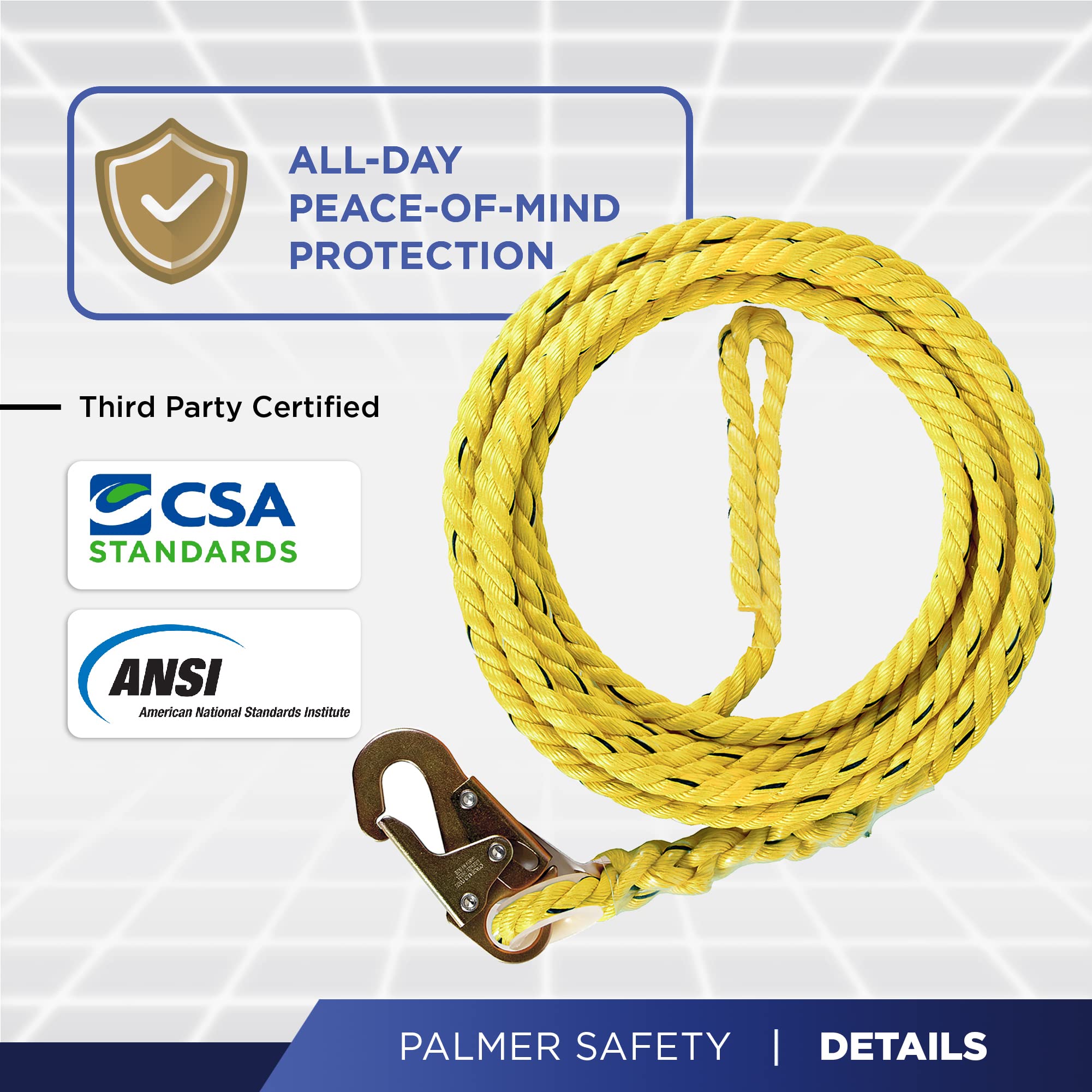 Palmer Safety Fall Protection 50' Vertical Rope Lifeline with One Locking Snap Hook I 5/8" Diameter Co-Polymer Twisted Rope I Ideal use for Climbing, Roofing, Scaffolding, Search & Rescue (Yellow)