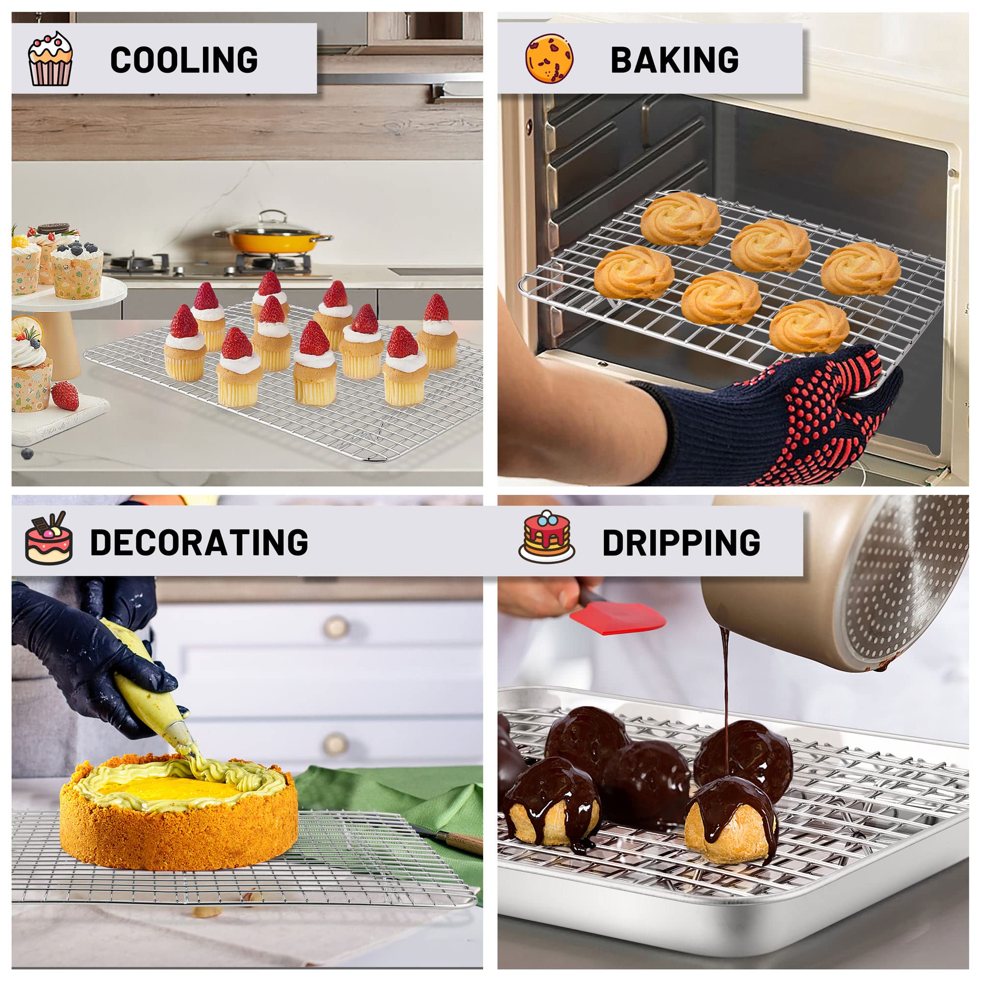 TeamFar Cooling Rack Set of 4, Stainless Steel Grid Cooking Roasting Racks for Various Size Baking Sheet Toaster Oven Pan, Healthy & Heavy Duty, Mirror Finish & Dishwasher Safe