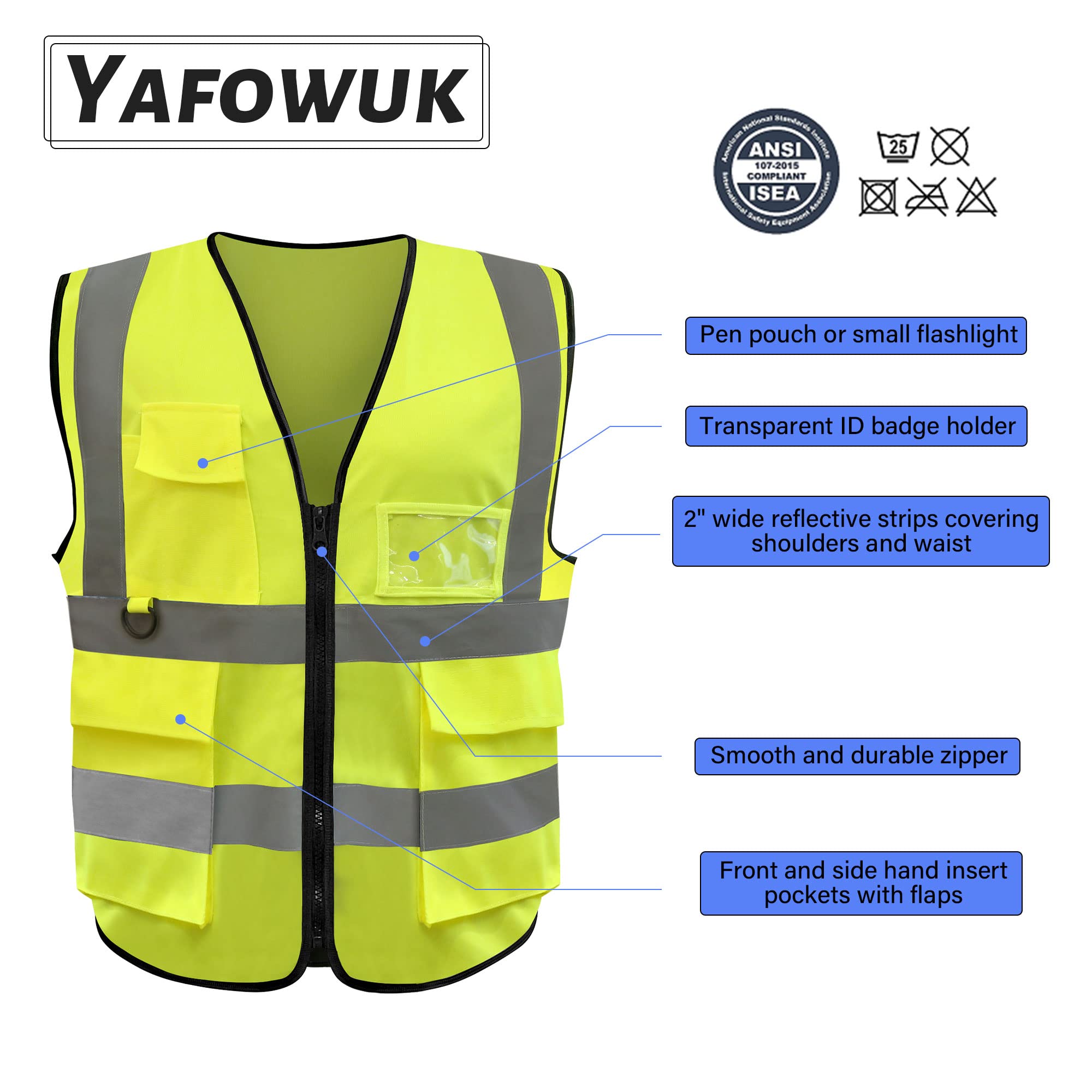YAFOWUK Reflective Safety Vest Neon Construction Vest Hi-Vis 7 Pockets Zipper Front, Meets ANSI/ISEA Standards for Men Women Yellow L