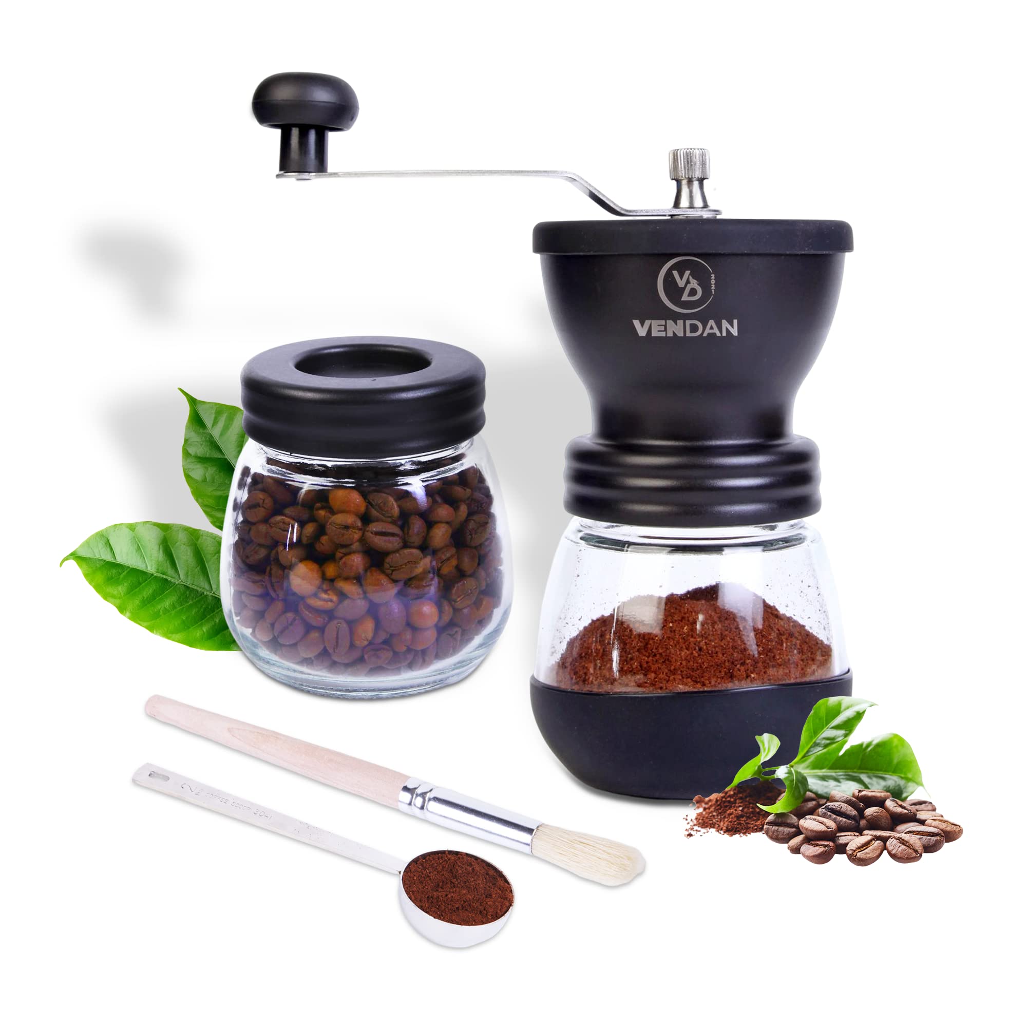 VenDan Manual Coffee Grinder - Hand Crank Coffee Grinder with Travel Jar - Coffee Bean Grinder - Incl. Coffee Scoop & Cleaning Brush - Molino de Cafe