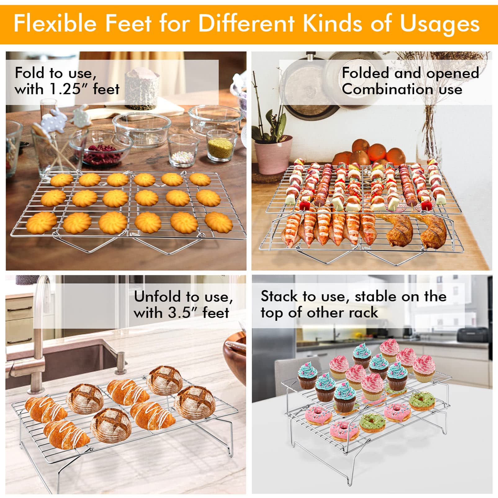 TeamFar Cooling Rack, 5-Tiers Stainless Steel Baking Cooling Wire Rack for Baking Roasting Cooking, Healthy & Firmly Weld, Stackable & Collapsible, Dishwasher Safe, 15βx10β
