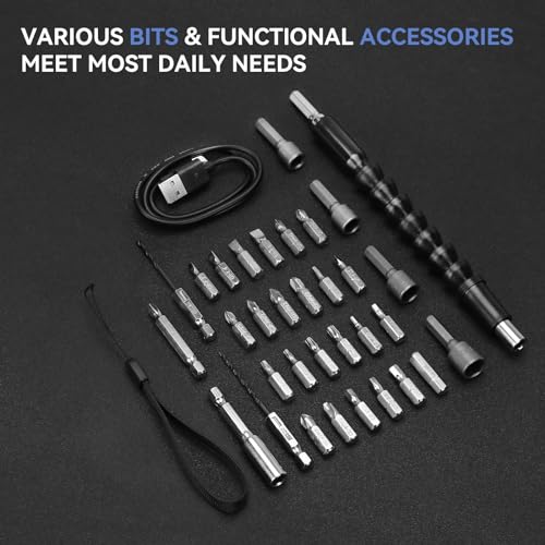 VCANENERGY 4V Electric Screwdriver,2000mAh USB Rechargeable Battery,Cordless Power Screwdriver with LED Light,Adjustable Torque,38 in 1,Suitable for small projects