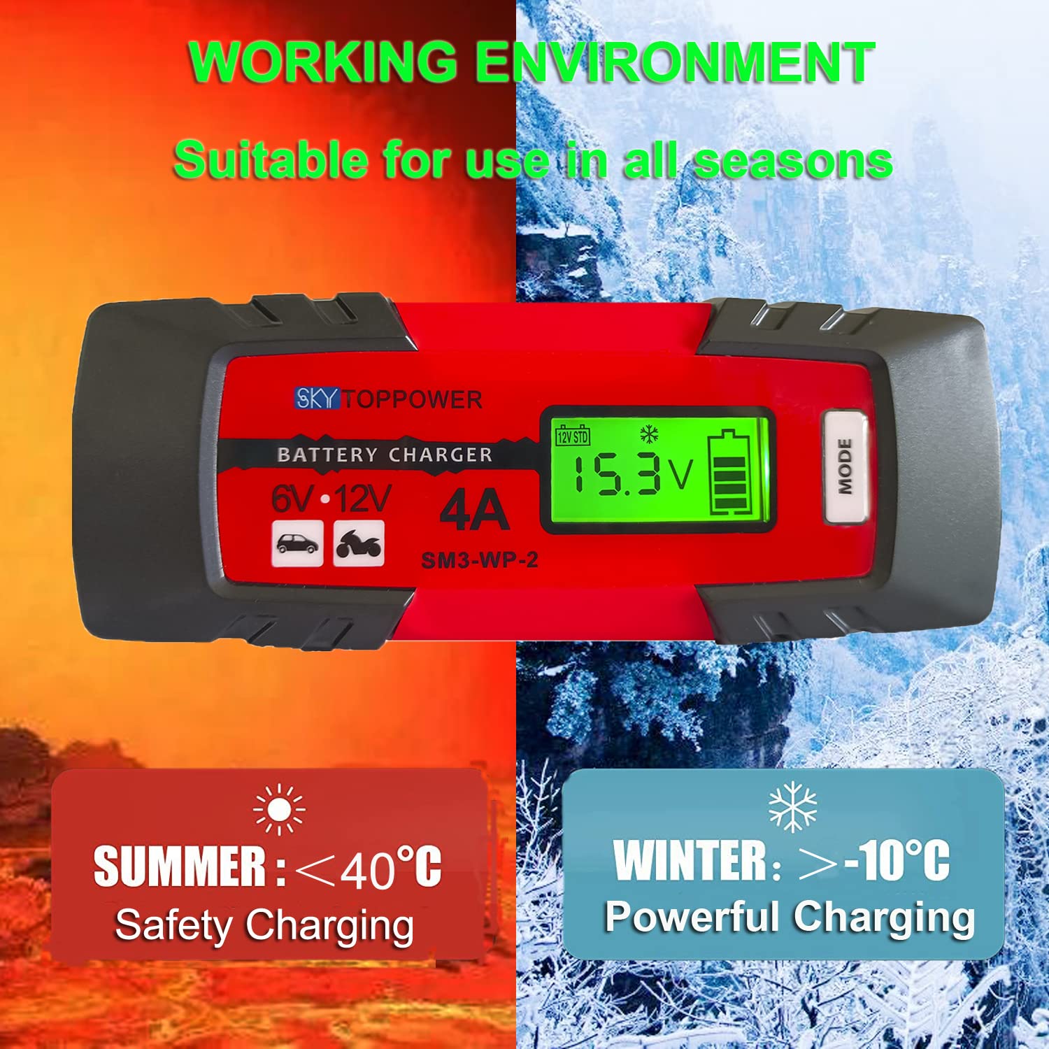 SKY TOPPOWER Battery Charger 6V/12V 4A Smart Battery Maintainer, with LCD Display,Fully Automatic Trickle Charger for Automotive Car Motorcycle, Lawn Mower,Motorcycle, Boats.