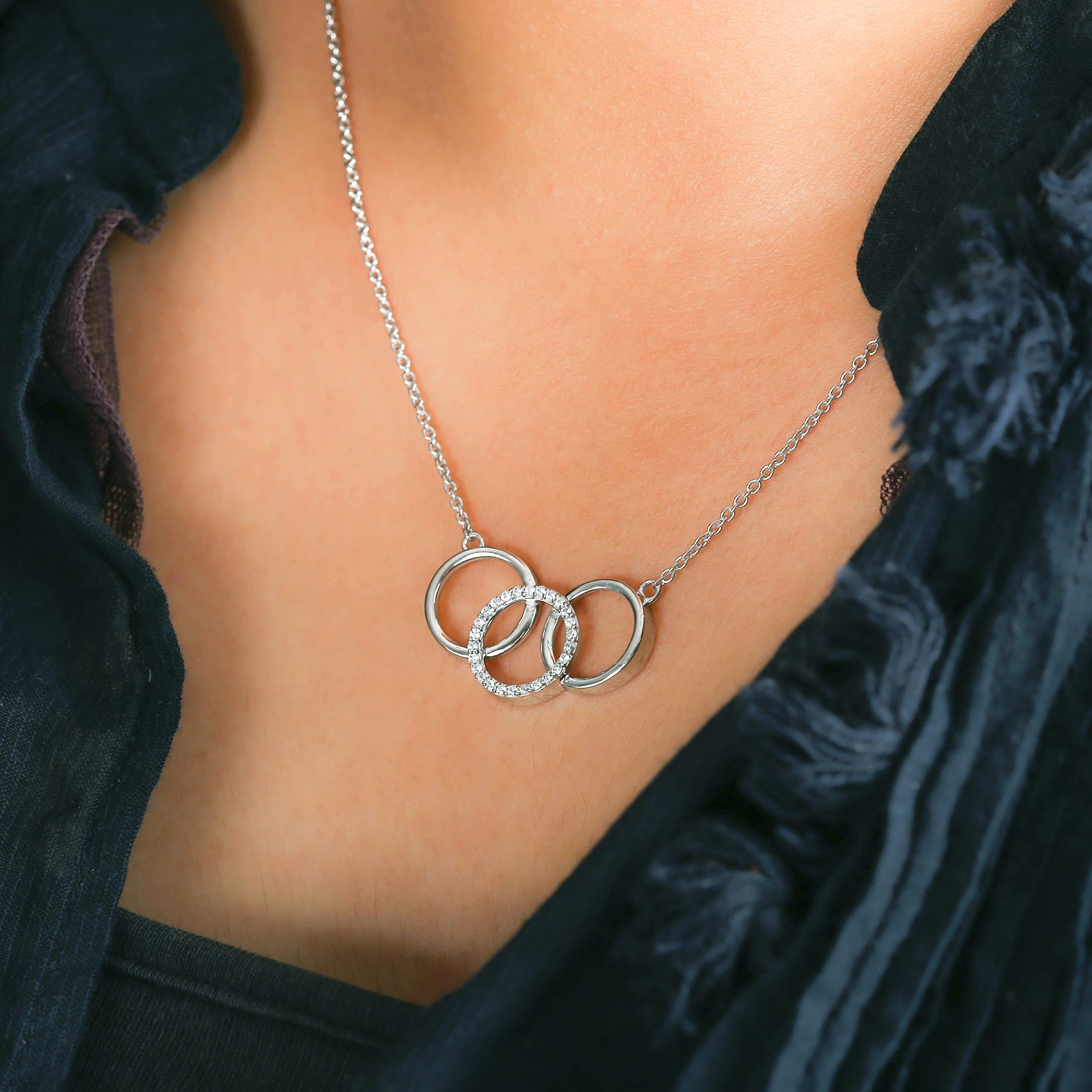 Round White Diamond 925 Sterling SIlver Interlocked Double Triple Circle Pendant Necklace for Women Mothers Day Jewelry Gift (Triple Circle)