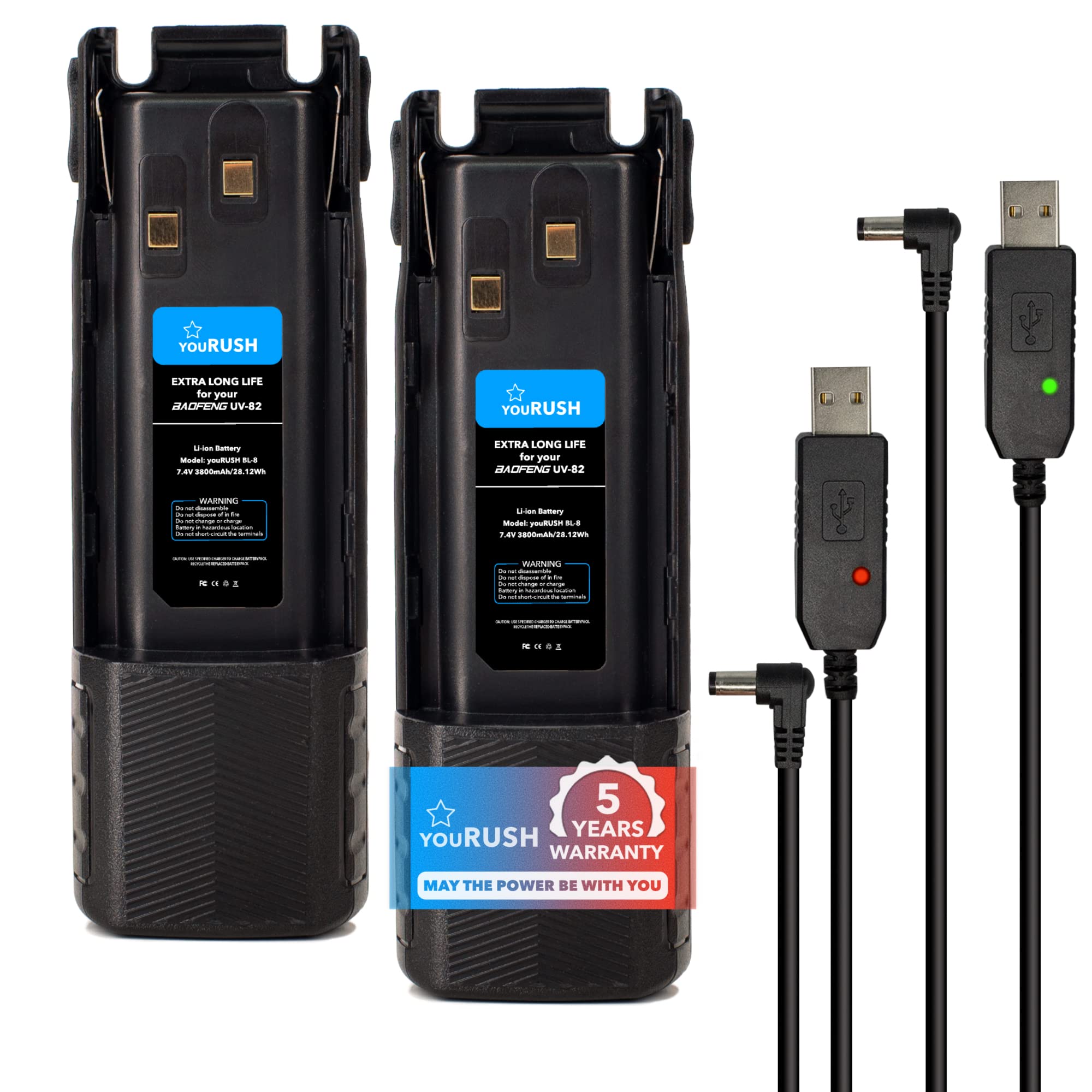 youRUSH 2 Pack BL-8 Extended UV 82hp Battery 3800 mAh with USB Charging Cables - Compatible with Baofeng UV-82 - Accessories Set of Replacement Battery BL8 & USB Charger