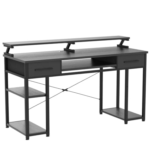 ODK Computer Desk, 55'' Office Desk with Keyboard Tray, Writting Desk with Drawers and Monitor Stand, Study Table with CPU Stand and Removable Shelf for Storage, Black