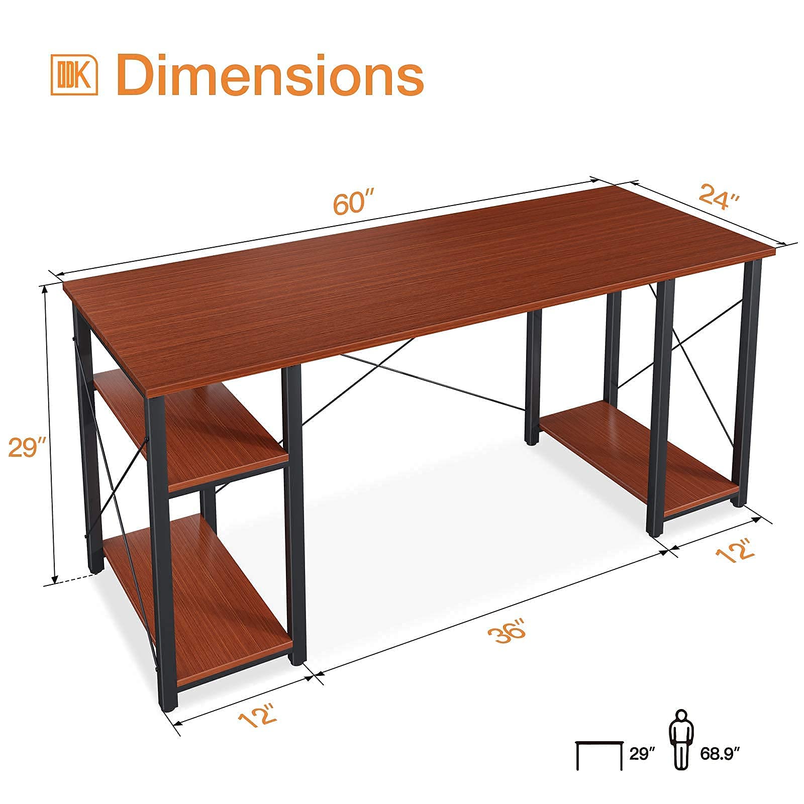 ODK Home Office Desk with Shelves, 60" Tower Computer Desk, Stable Writing Table with Double Shelf, Teak