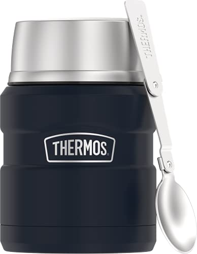 THERMOS Stainless King Vacuum-Insulated Food Jars with Spoon, 24 Ounce, Rustic Red and 16 Ounce, Midnight Blue