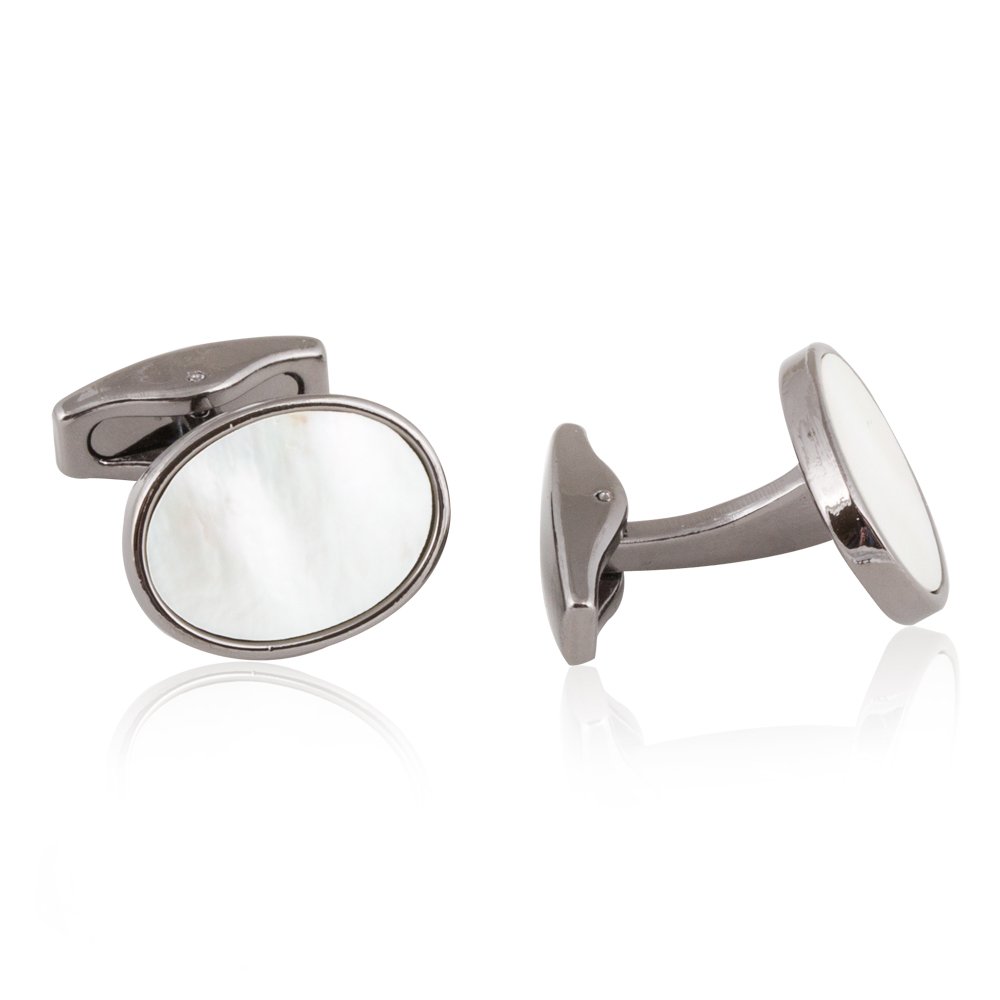 Mens Oval Gunmetal Mother of Pearl Cufflinks and Stud Set Tuxedo with Presentation Box