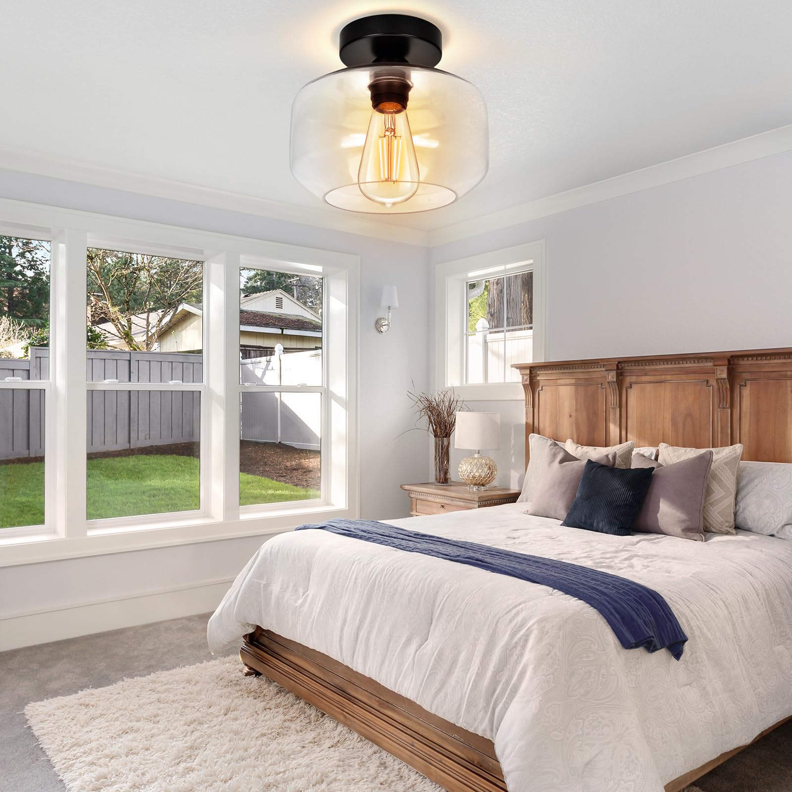 Modern Industrial Semi Flush Mount Light Fixture with Clear Glass Shade - Pendant Lights for Dining Room, Kitchen, Bedroom and Hallway