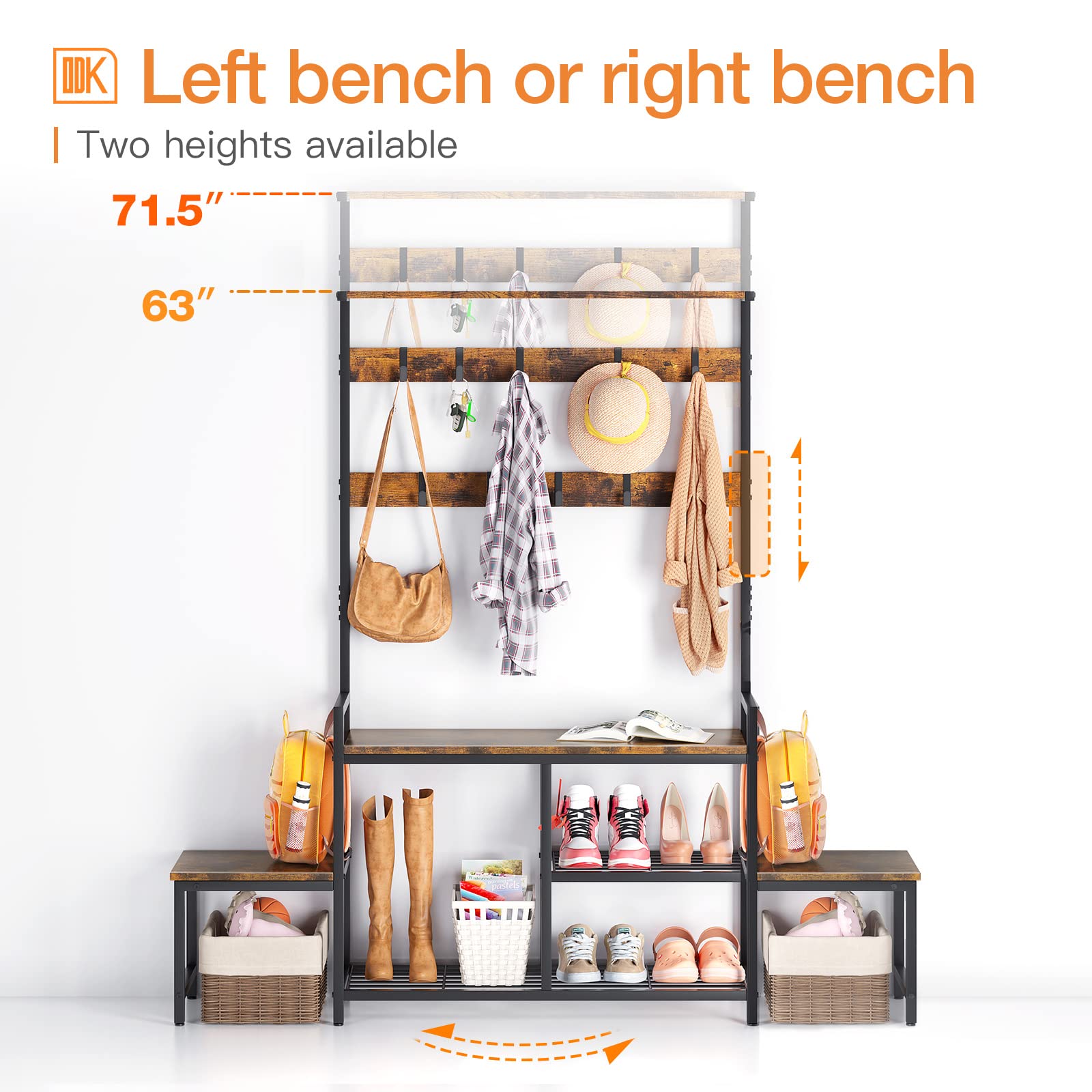 ODK Parent-Child Hall Tree with Bench and Shoe Storage, Entryway Rack with Metal Frame and Hooks, for Entrance, Foyer, Mudroom (Rustic Brown)