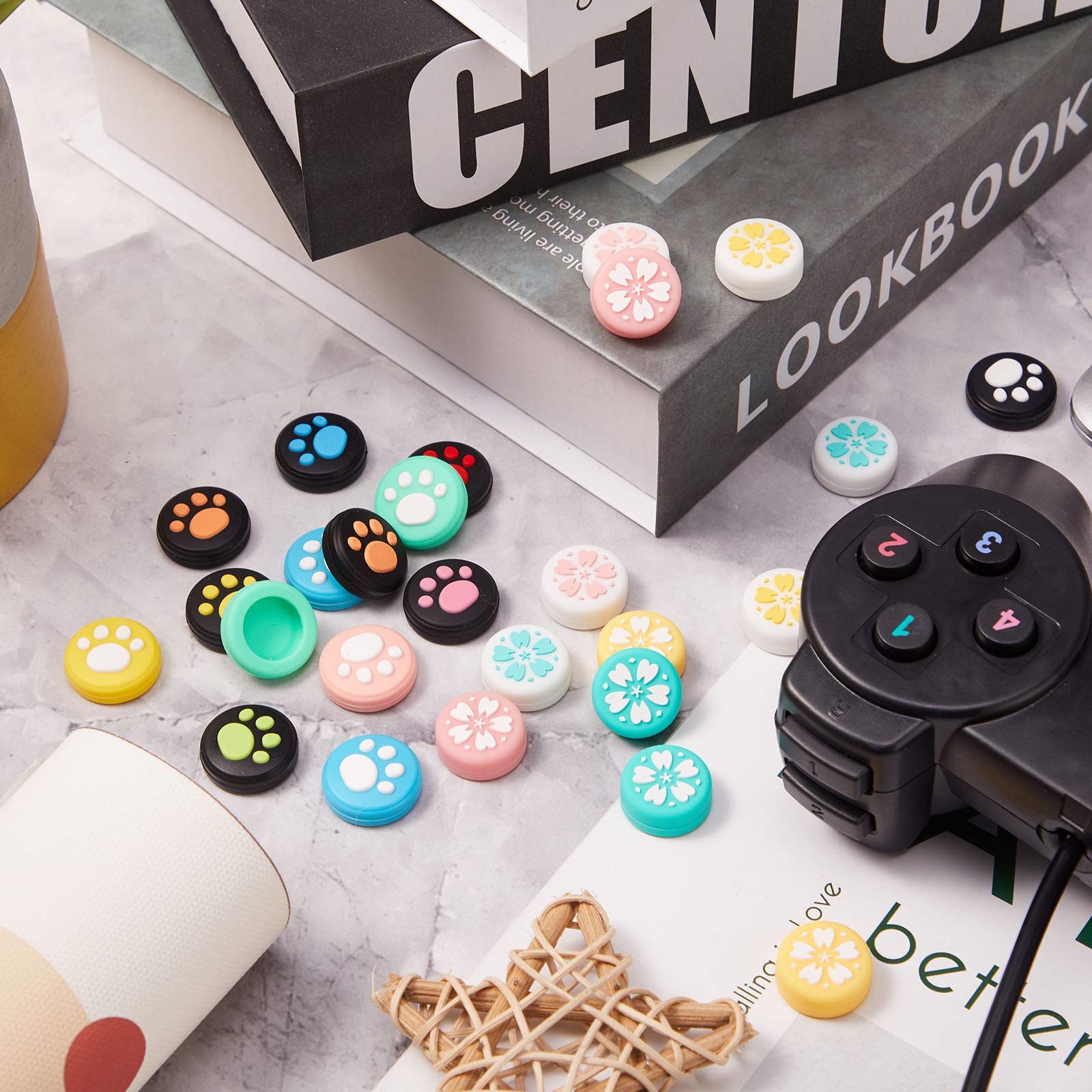 Skylety 34 Pieces Replacement Cute Cat Claw and Flower Design Thumb Grip Thumb Grips Analog Stick Cover Joystick Silicone Cover Compatible with Nintendo Switch, Switch Lite and Joy-Con Controller