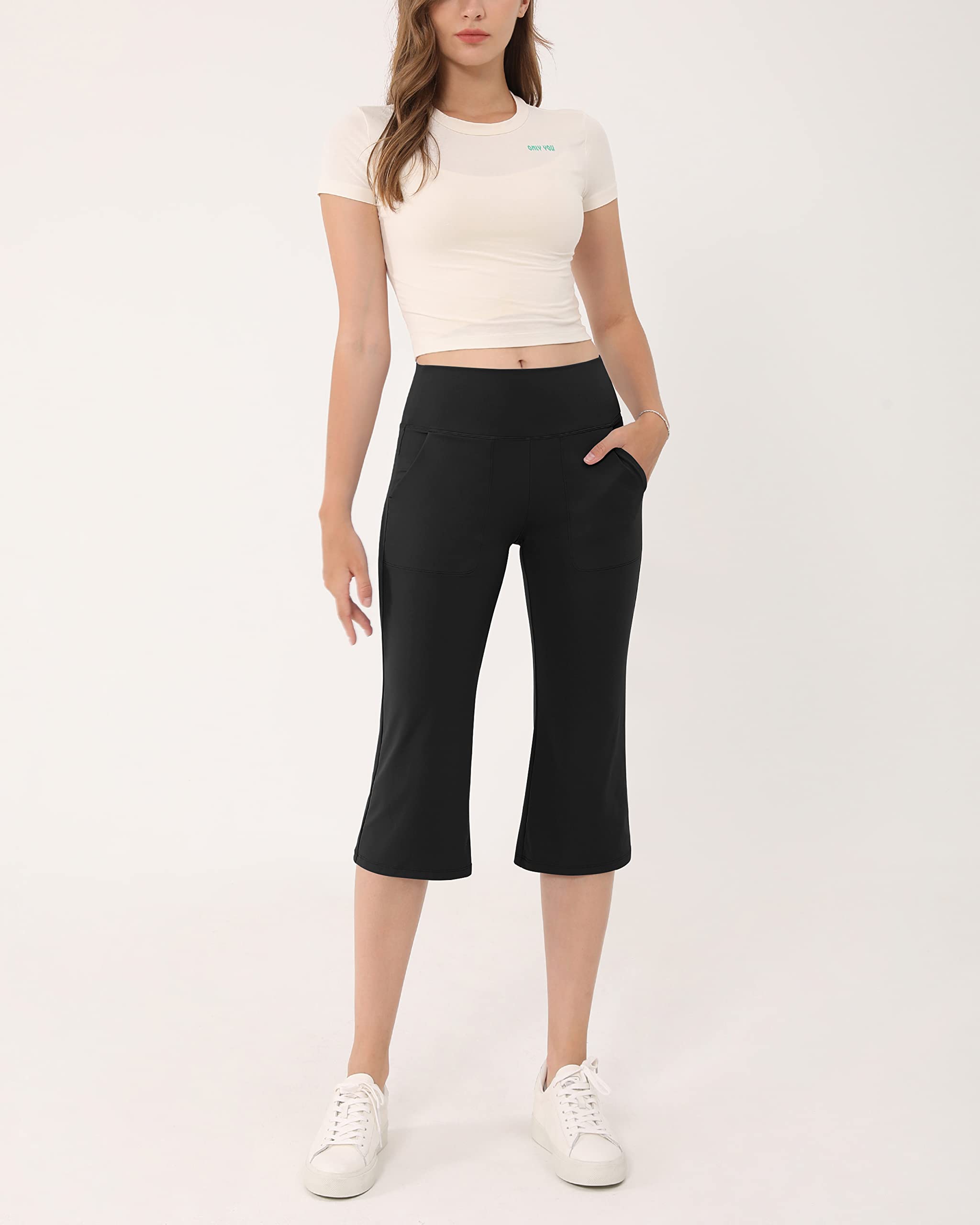 ODODOS Women's Bootleg Yoga Capris with Pockets High Waisted Bootcut Yoga Capris Tummy Control Work Capri Pants for Women, Black, XX-Large