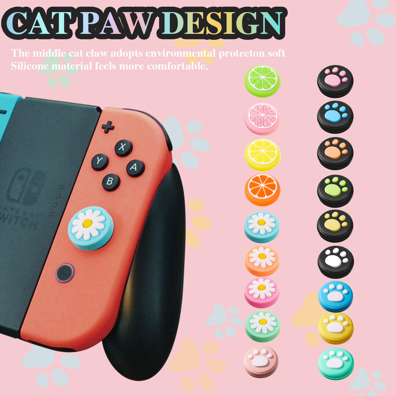 Skylety 38 Pieces Replacement Thumb Grips Silicone Joystick Button Covers Analog Stick Covers Cute Paw Lemon Flower Design Compatible with Nintendo Switch, Switch Lite Joy-Con Controller