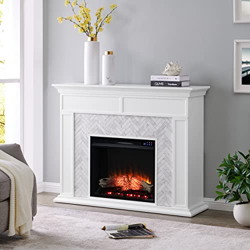 SEI Furniture Torlington Marble Tiled Touch Screen Electric 50" Fireplace w/Remote Control - White/Gray Marble