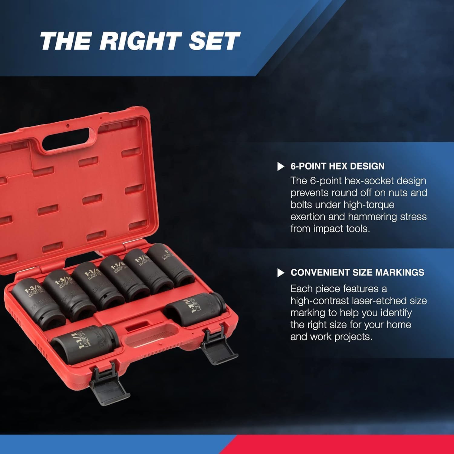 NEIKO 02461A 3/4 Inch Drive Impact Socket Set, SAE 1β to 1-1/2β, 8 PC, Deep/Jumbo Sockets, Chrome Vanadium Cr-V