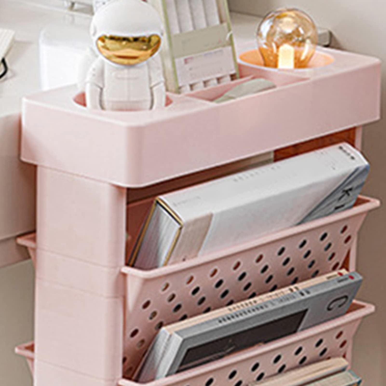 Movable Bookshelf, Slide Out Rolling Utility Cart, Movable Bookshelf Shelving Organizer, Multilayer Capacity Rotatable Removable Plastic Practical Rolling Organization Shelf with Wheel(Pink)