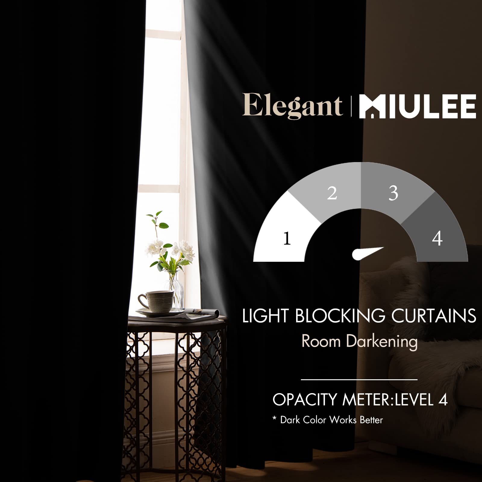 MIULEE Blackout Curtains Room Darkening Thermal Insulated Drapes Solid Window Treatment Set Grommet Top Light Blocking Curtain for Living Room/Bedroom 2 Panels 42 x 63 inch, Black