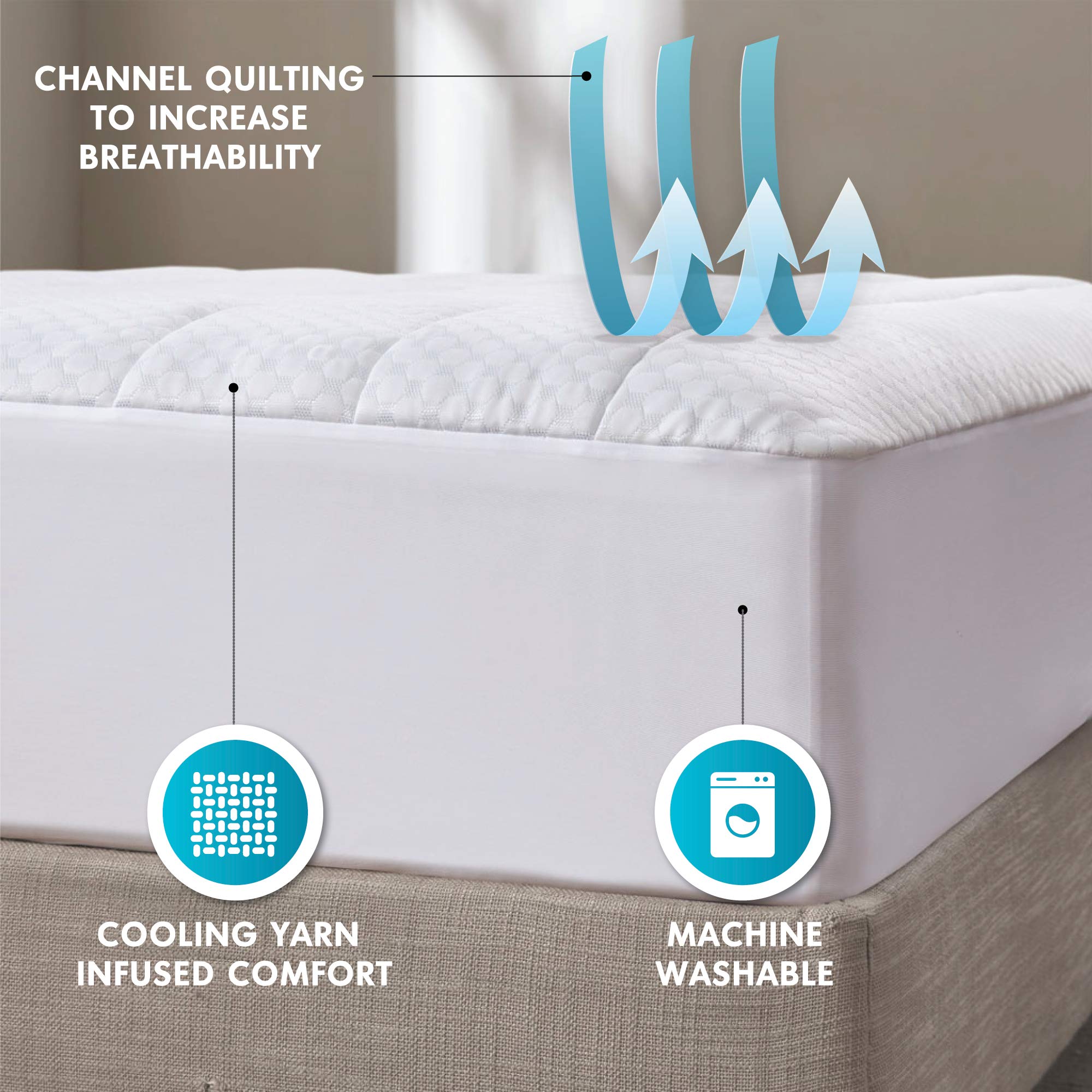 Sleep Philosophy Cooling Waterproof Mattress Pad Cover-Channel Quilted Top Breathable Bed Protector All Around Elastic Deep Pocket Fits Up to 18 Inch, King, White, BASI16-0570