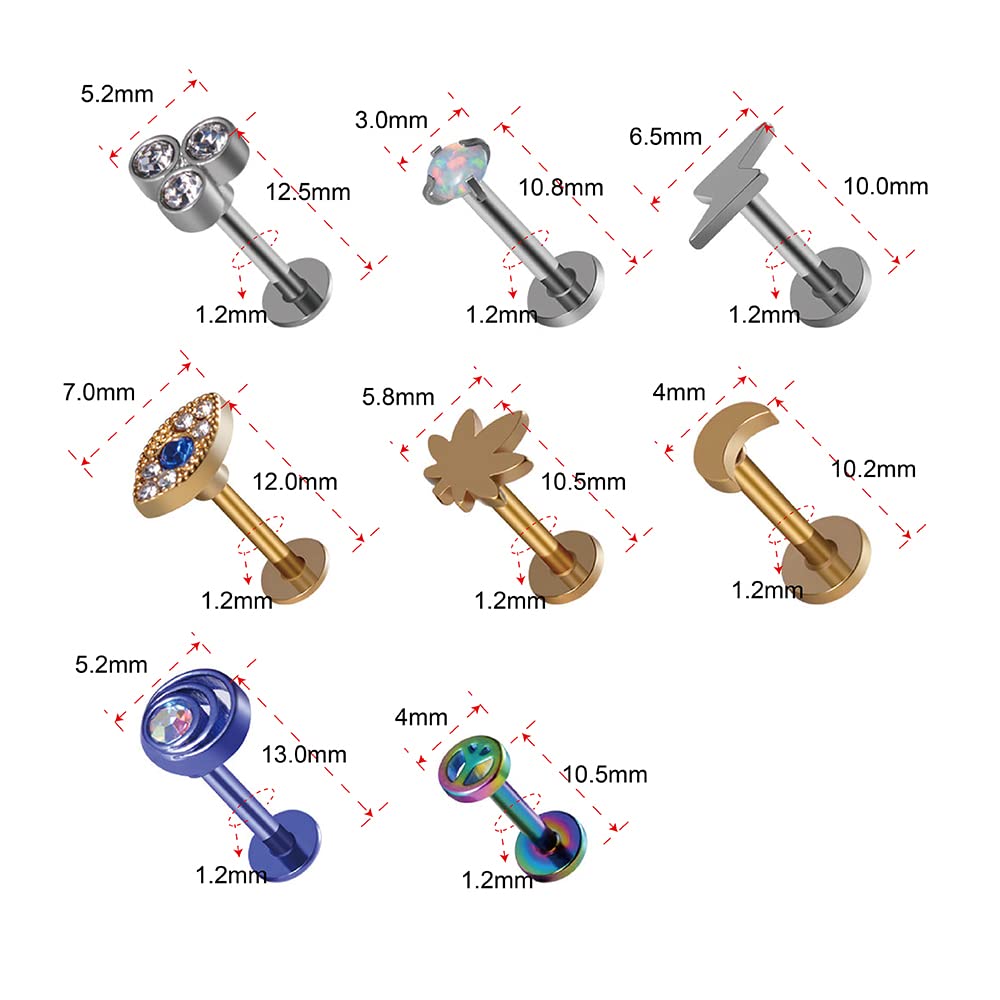 WASOLIE 8PCS 12G Stainless Steel Lip Studs Labret Tragus Helix Earrings Piercing Jewelry
