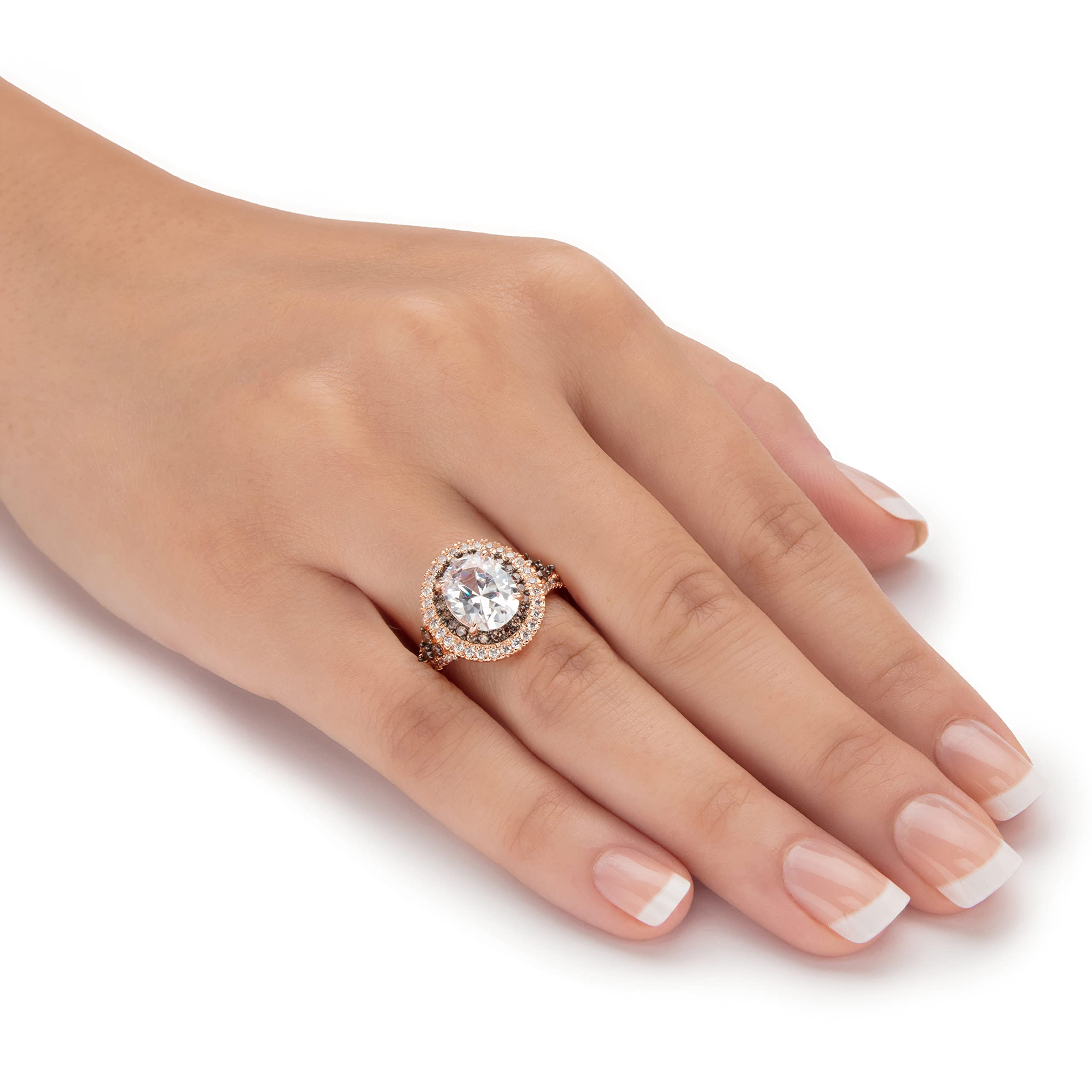 PalmBeach Rose Gold-plated Sterling Silver Oval Cut Cubic Zirconia Brown Double Halo Engagement Ring Sizes 6-10 Size 8