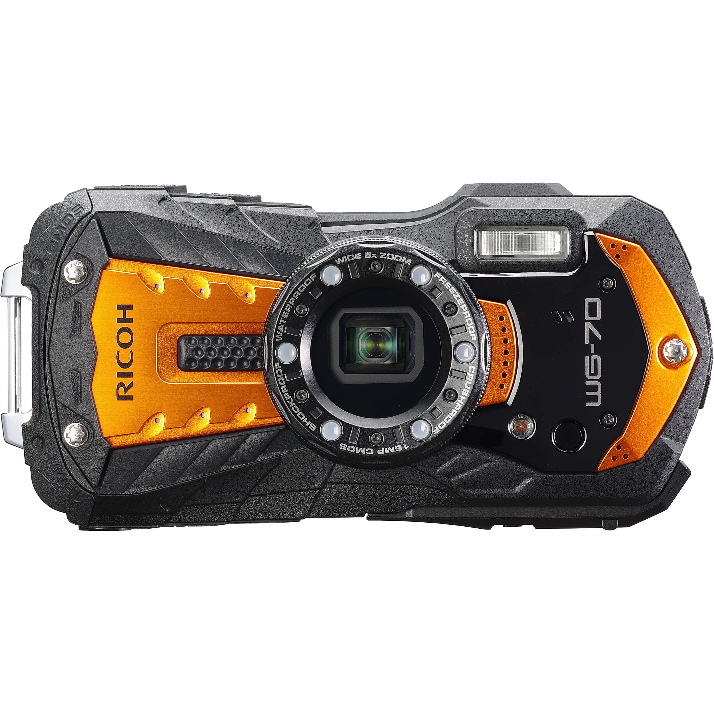Ultimaxx Essential Accessory Bundle + Ricoh WG-70 Digital Camera (Orange) + SanDisk 64GB Extreme Pro SDXC, Floating Wrist Strap, 6.5” Tabletop Tripod, High Speed Memory Card Reader & More(18pc Bundle)