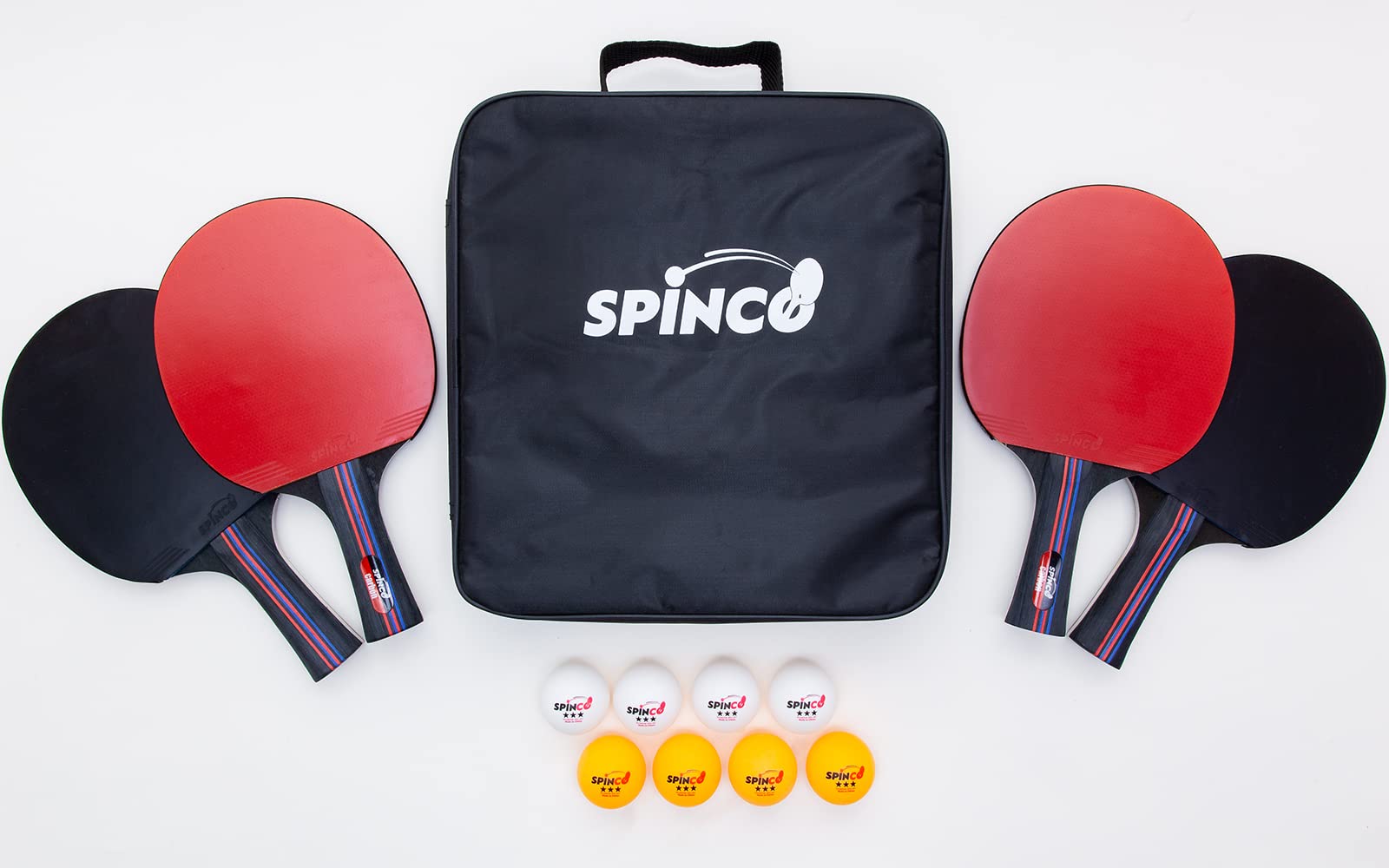 Spinco Carbon Pro Ping Pong Paddle Set of 4 | 2 Layer Carbon Blade with 5 ply Wood | Eight 3-Star Premium 40 + ABS Balls | Beautiful Storage Case.