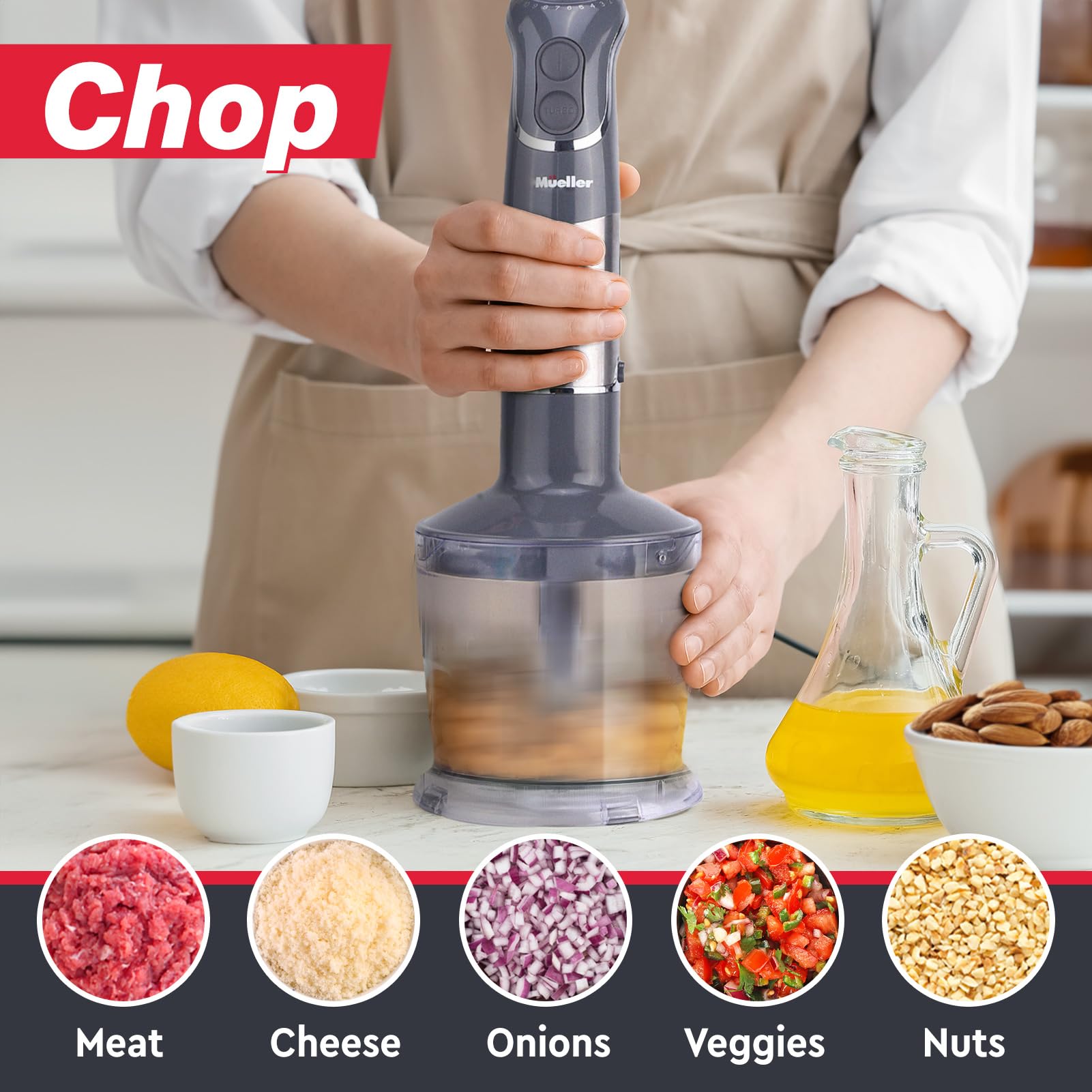 Mueller Pro Series Hand Blender, 500W Immersion Blender, Heavy-Duty Titanium Steel Blades, Stepless Speed Control, Detachable Shaft, Ergonomic Handle, White