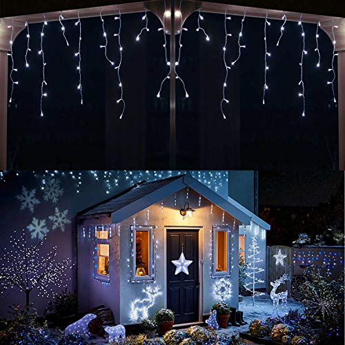 YASENN Icicle Lights 300 Led String Lights 29.5Ft Christmas Lights Connectable 8 Lighting Modes Multifunction with Timer Plug for Christmas Garden Patio Eave Roof Wall Decorations(Cool White)