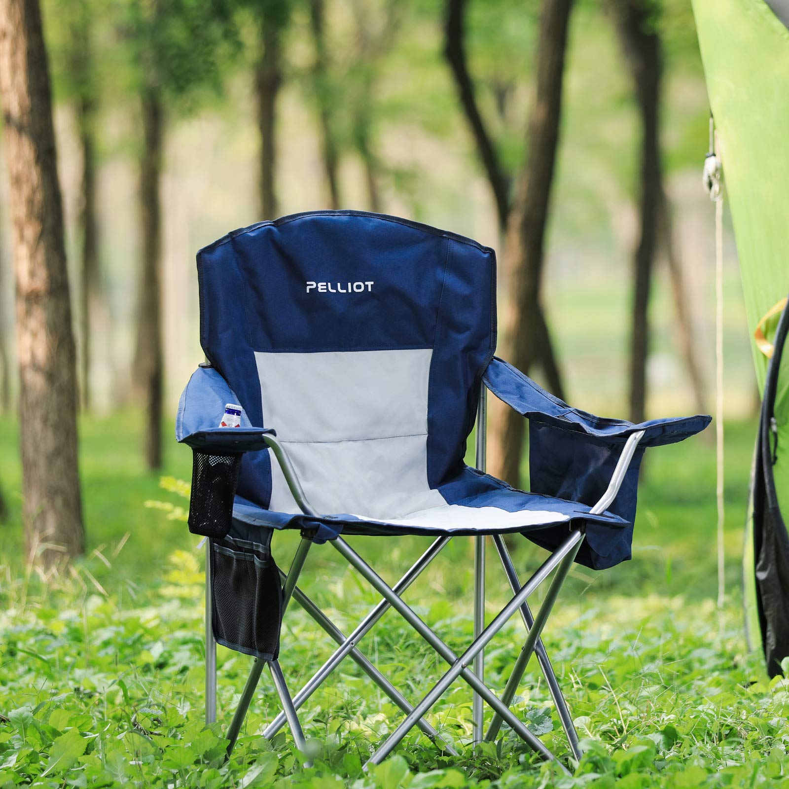 PELLIOT Portable Camping Chair Heavy Duty Lumbar Back Supports 300 lbs, Padded Hard Arm Folding Camp Beach Chair with Cup Holder