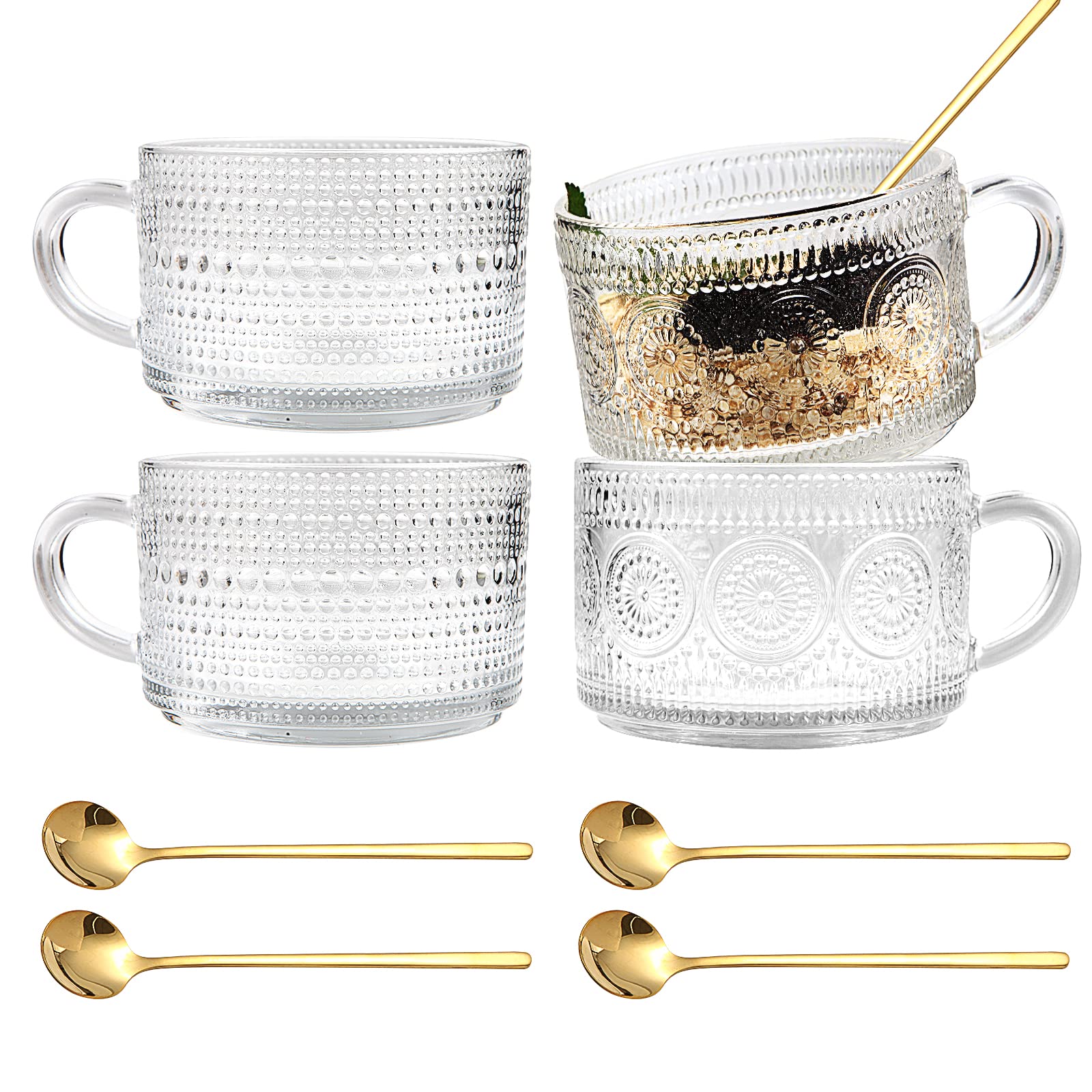 Vozoka 4 pcs Set Vintage Glass Coffee Mugs, 14oz Clear Embossed Glass Cups, Latte Mugs, Coffee Bar Accessories, Iced Coffee Cups, for Cappuccino, Latte, Yogurt, Milk, Hot or Cold Beverages