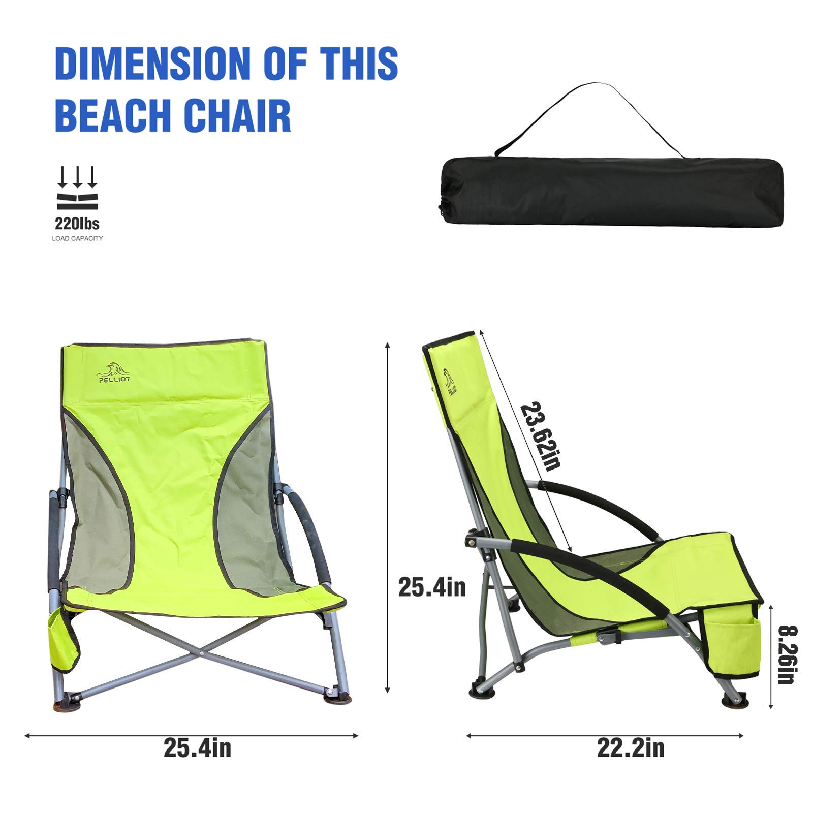 PELLIOT Ultralight and Compact Low Profile Outdoor Folding Camping Beach Chair with Cup Holder & Carry Bag (Green)