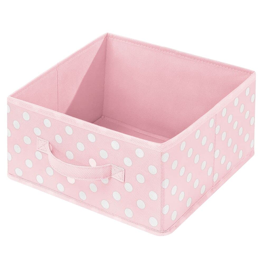 mDesign Fabric Nursery/Playroom Closet Storage Organizer Bin Box with Front Handle for Cube Furniture Shelving Units - Holds Toys, Clothes, Diapers, Bibs, 4 Pack, Pink/White Polka Dot