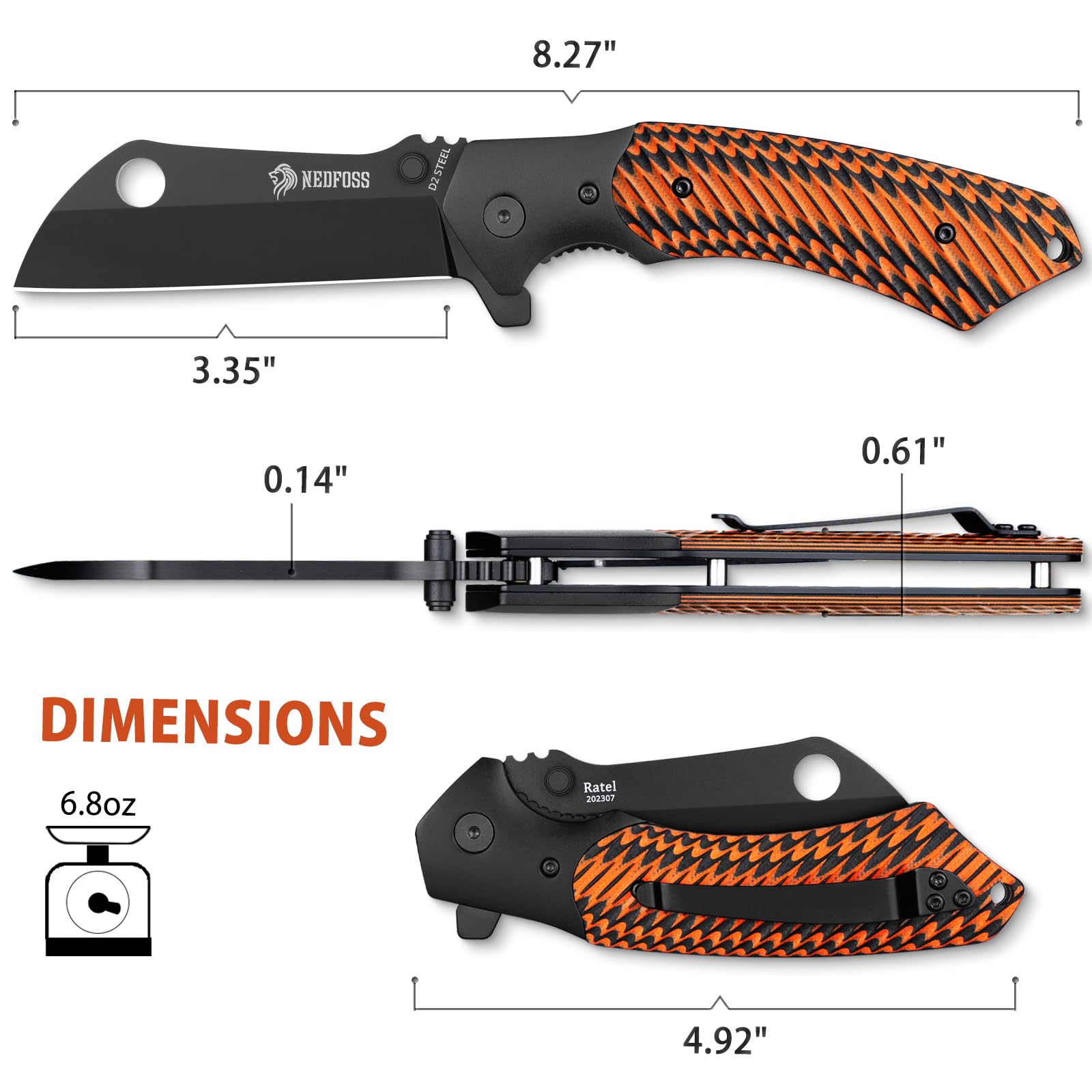 NedFoss Ratel Pocket Knife - 3.4" D2 Steel Black PVD Blade, G10 Handle, Folding Knife w/Clip, Cleaver EDC Knife & Gift for Men.
