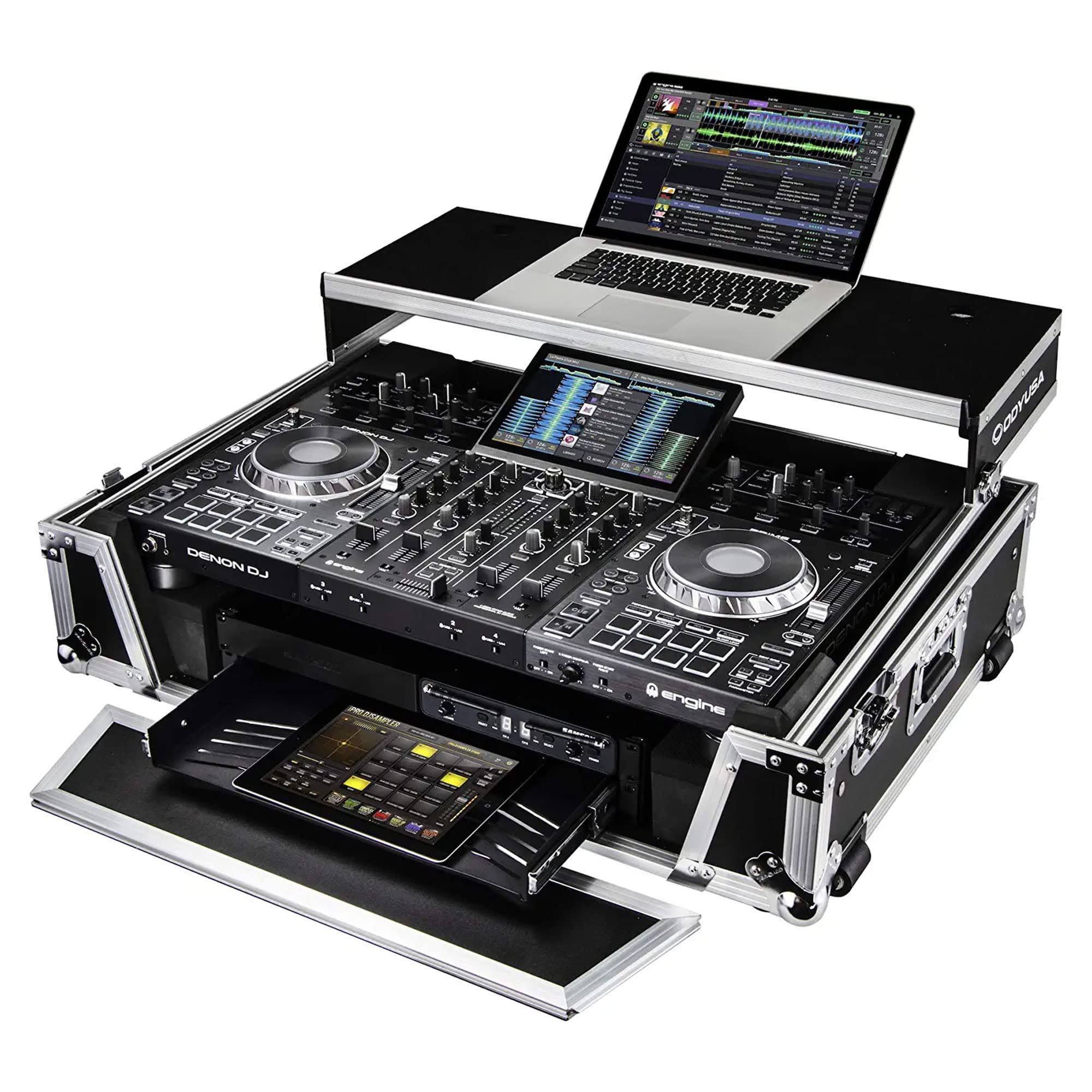 ODYSSEY FZGSPRIME4W2 Denon Prime 4 Flight Case with Patented Glide Laptop Platform & 2U Rack Spaces