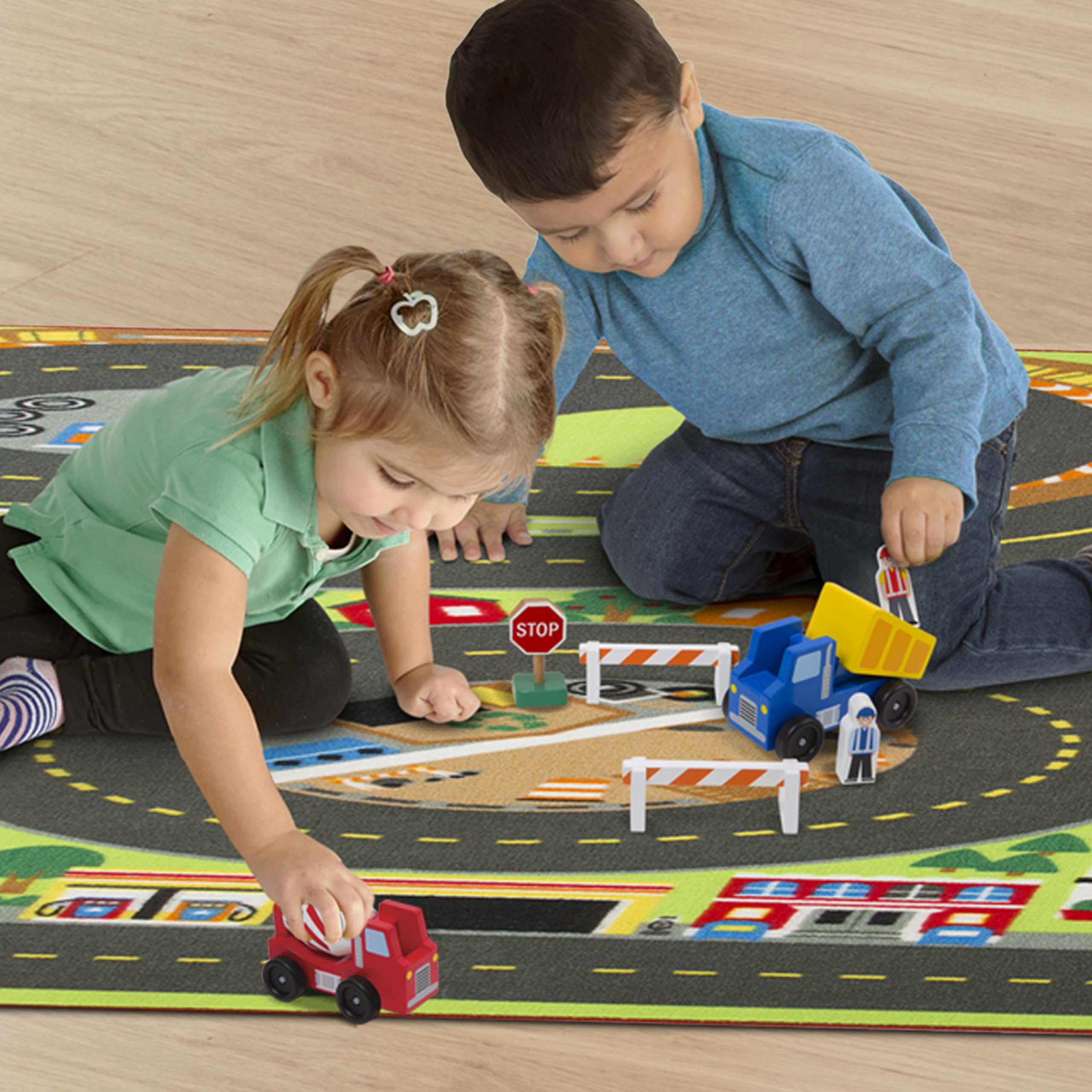 Melissa & Doug Jumbo Roadway Activity Rug, 4 Wooden Traffic Signs, 79"L X 60"W - Pretend Play Road Activity Rug