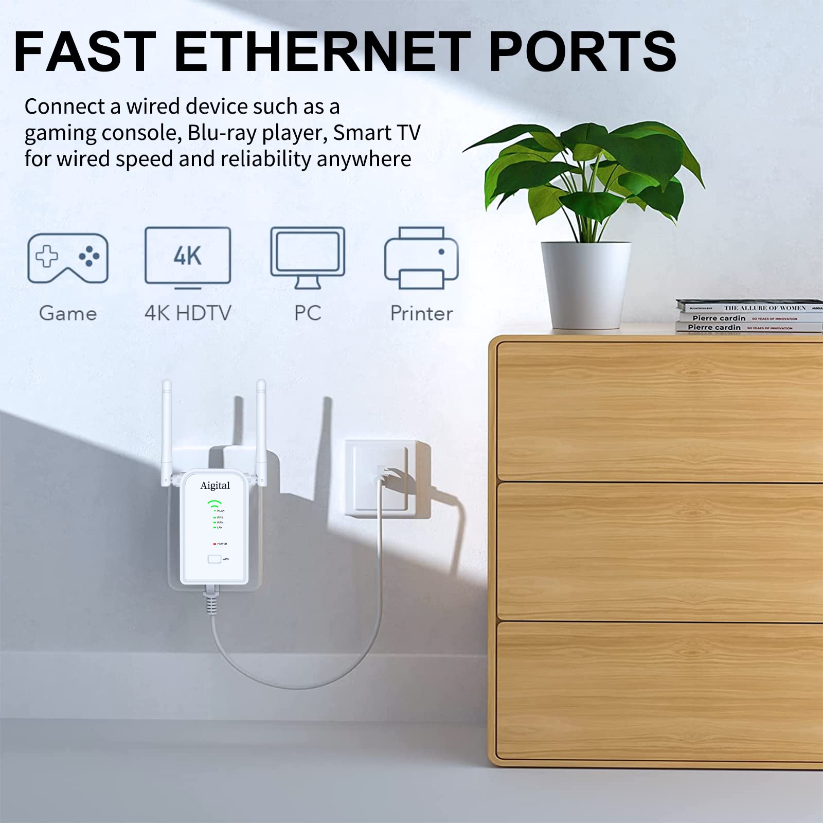 WiFi Extender, Aigital 300Mbps WiFi Extender with Ethernet Ports, Long Range Wireless Repeater Internet Amplifier, 2.4GHz Stable WiFi Range Extender Signal Booster for Home, WPS, Easy Setup