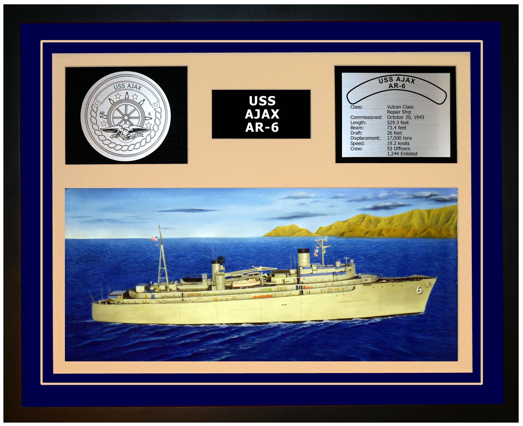 Navy Emporium USS AJAX AR 6 Framed Navy Ship Display Blue
